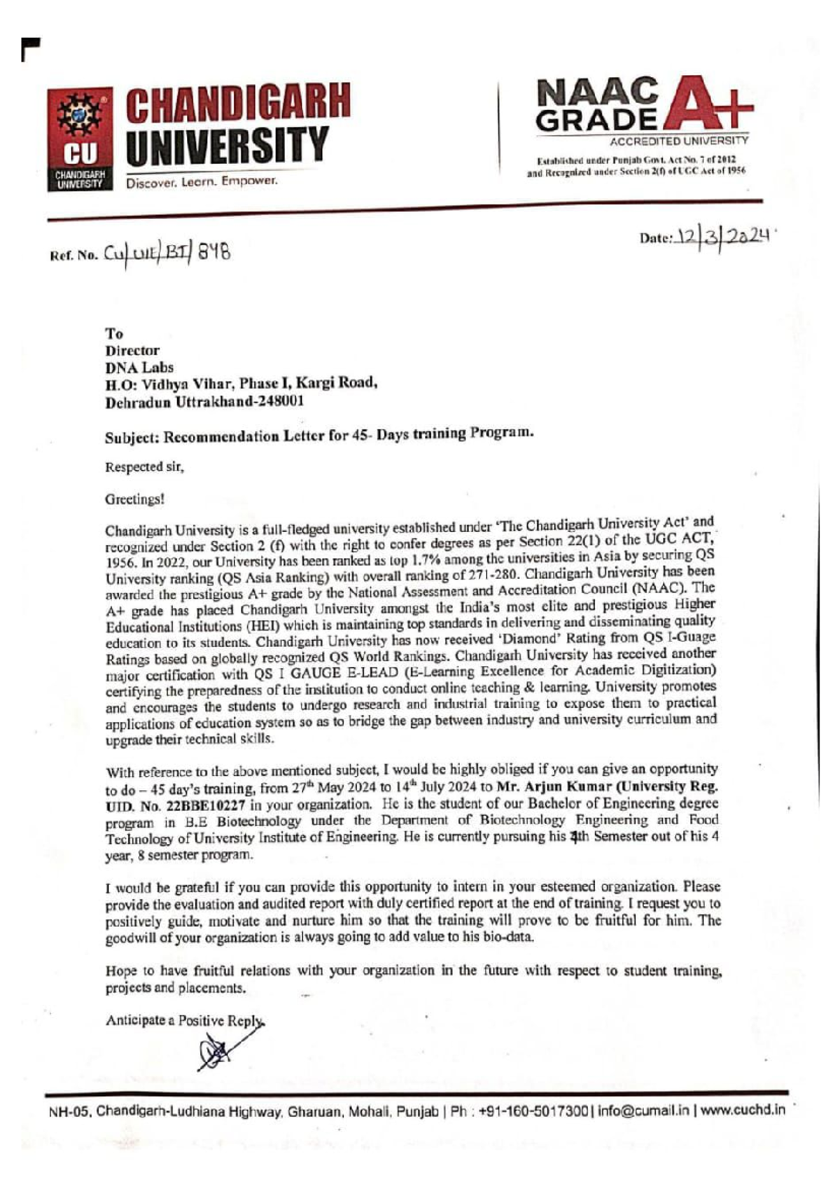 Departmental Approval letter(HOD) - B.tech IT - Studocu