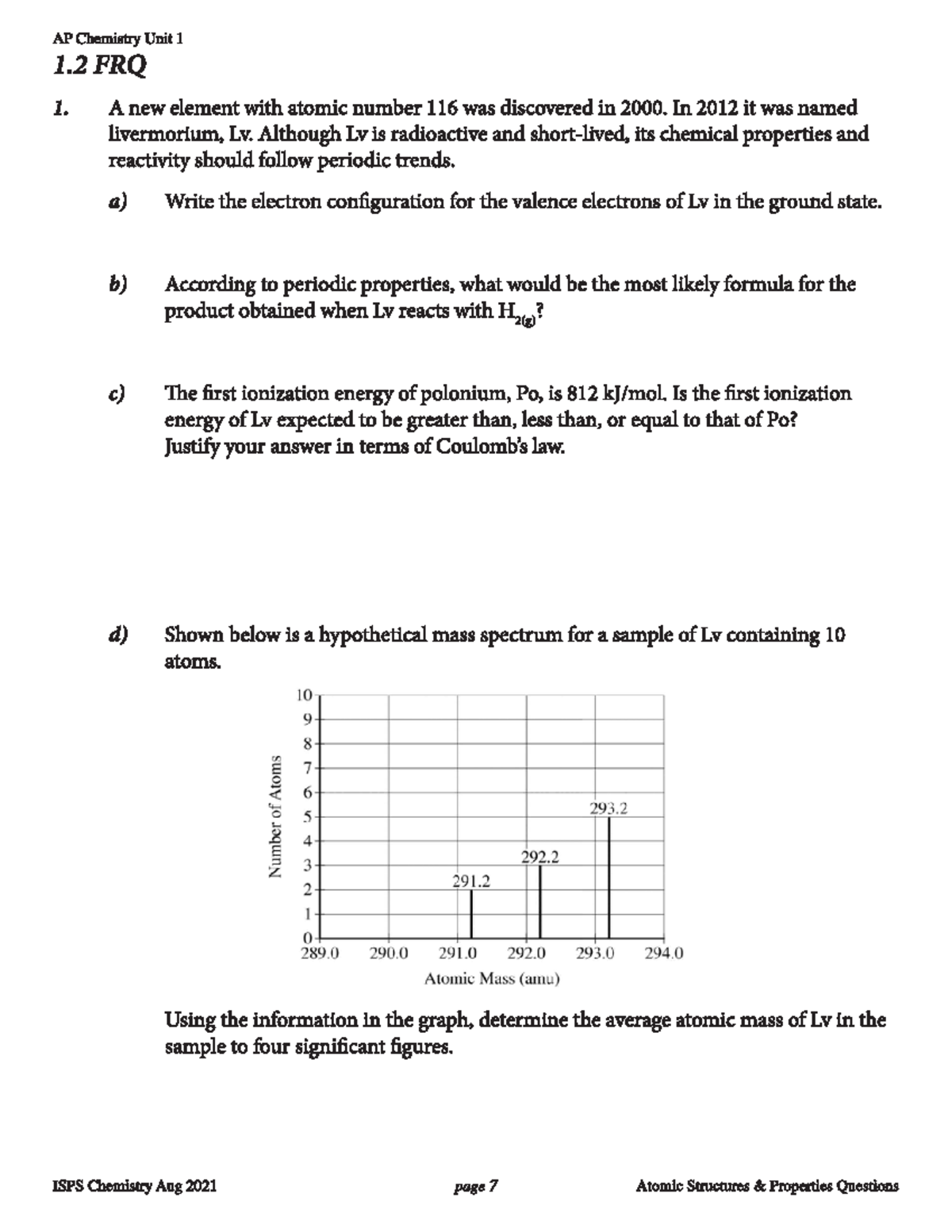 Unit 1 FRQ practice - thi is good prac - AP Chemistry Unit 1 1 FRQ 1. A ...