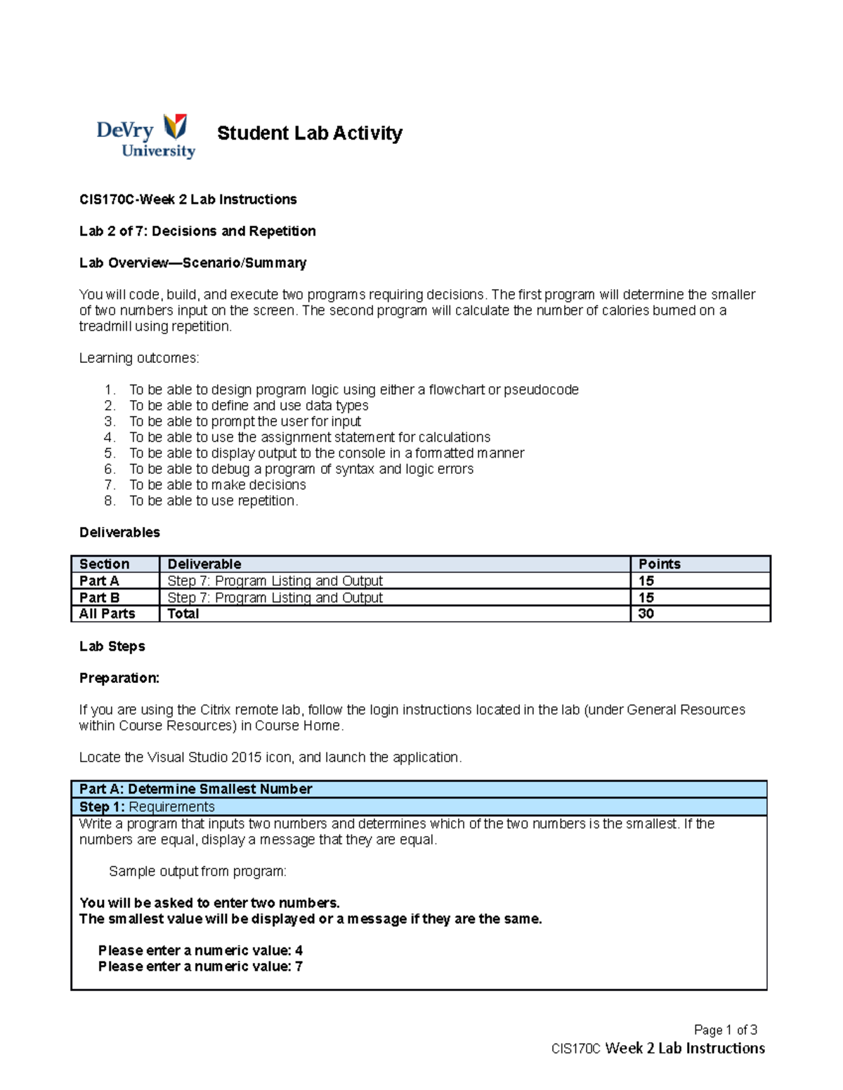 CIS170C W2 Lab Instructions - CIS170C-Week 2 Lab Instructions Lab 2 of ...