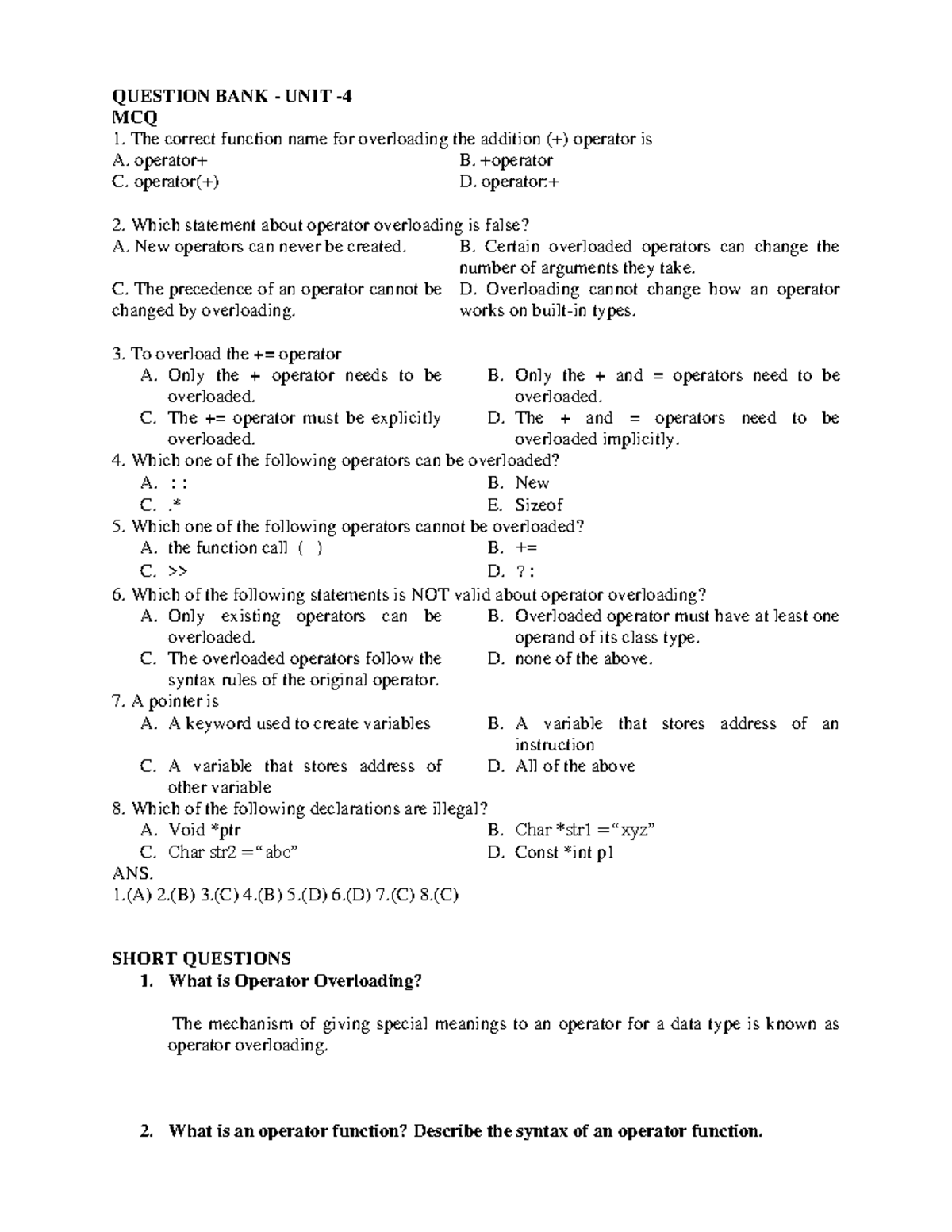 UNIT 4 (QB) - for exam purpous - QUESTION BANK - UNIT - MCQ The correct function name for - Studocu