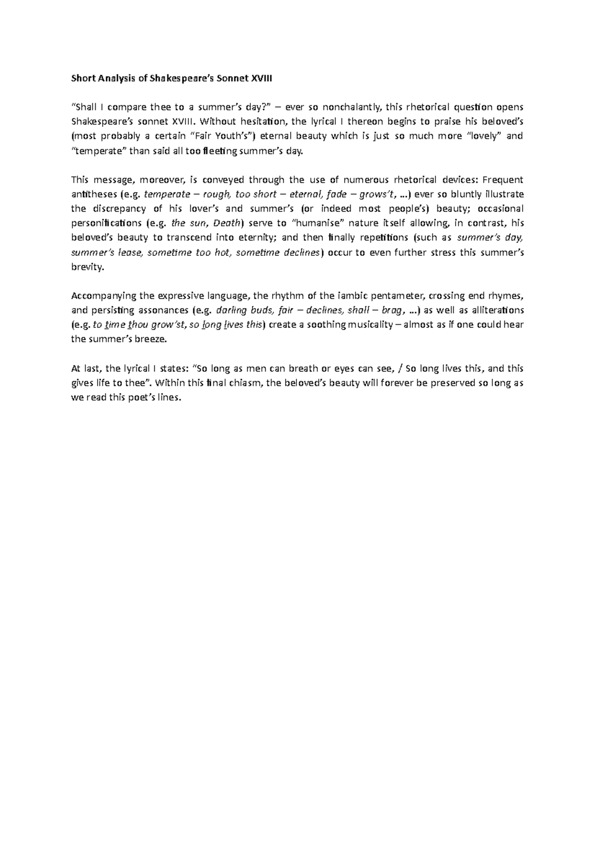 Analysis - Shakespeare Sonnet Xviii - Short Analysis of Shakespeare’s ...