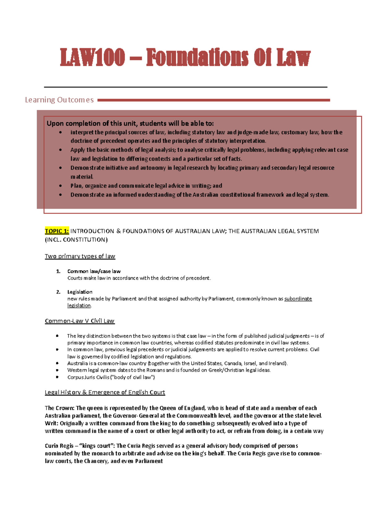 LAW100 – Foundations Of Law - LAW10 0 – Foundations Of Law TOPIC 1 ...