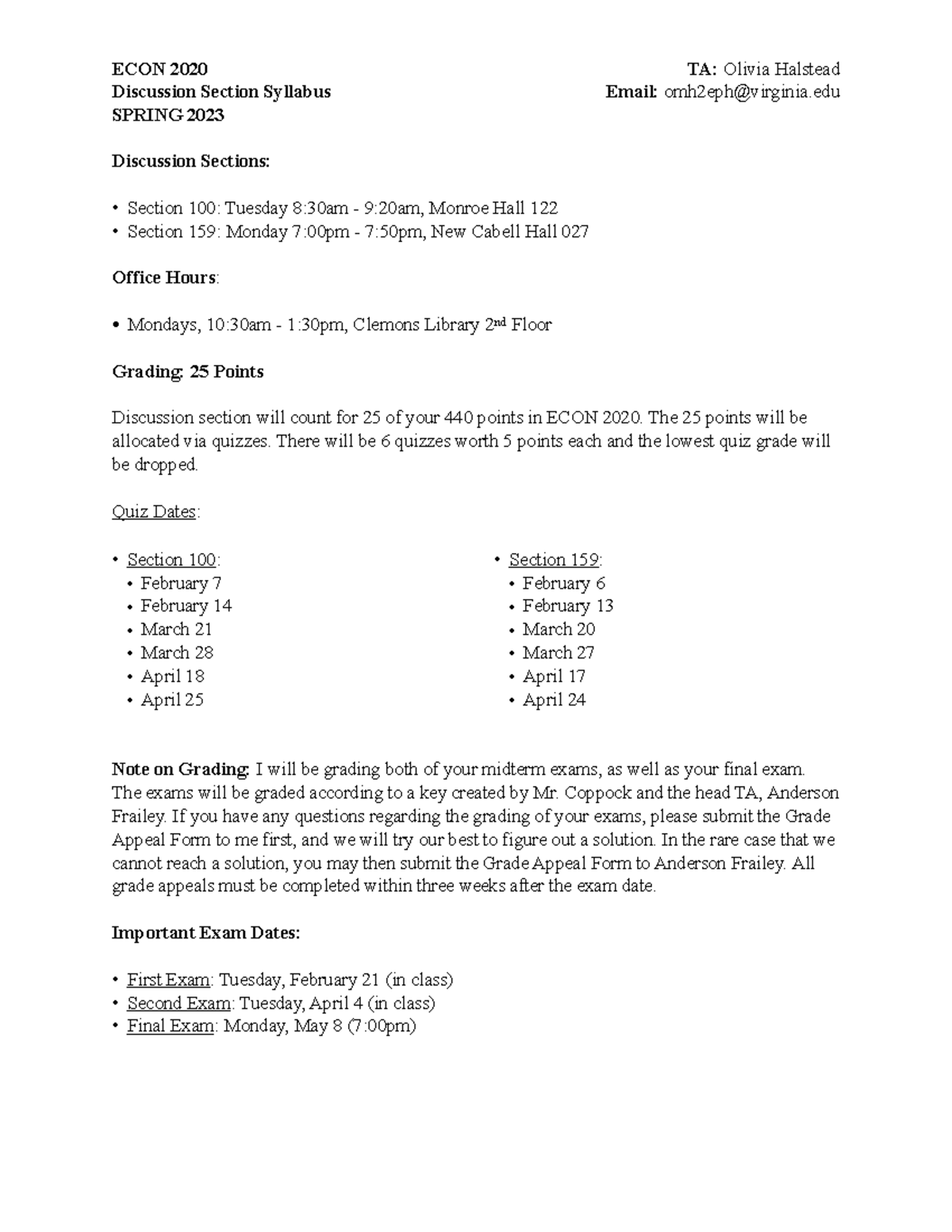 ECON 2020 Discussion Section Syllabus - ECON 2020 Discussion Section Syllabus SPRING 2023 TA ...