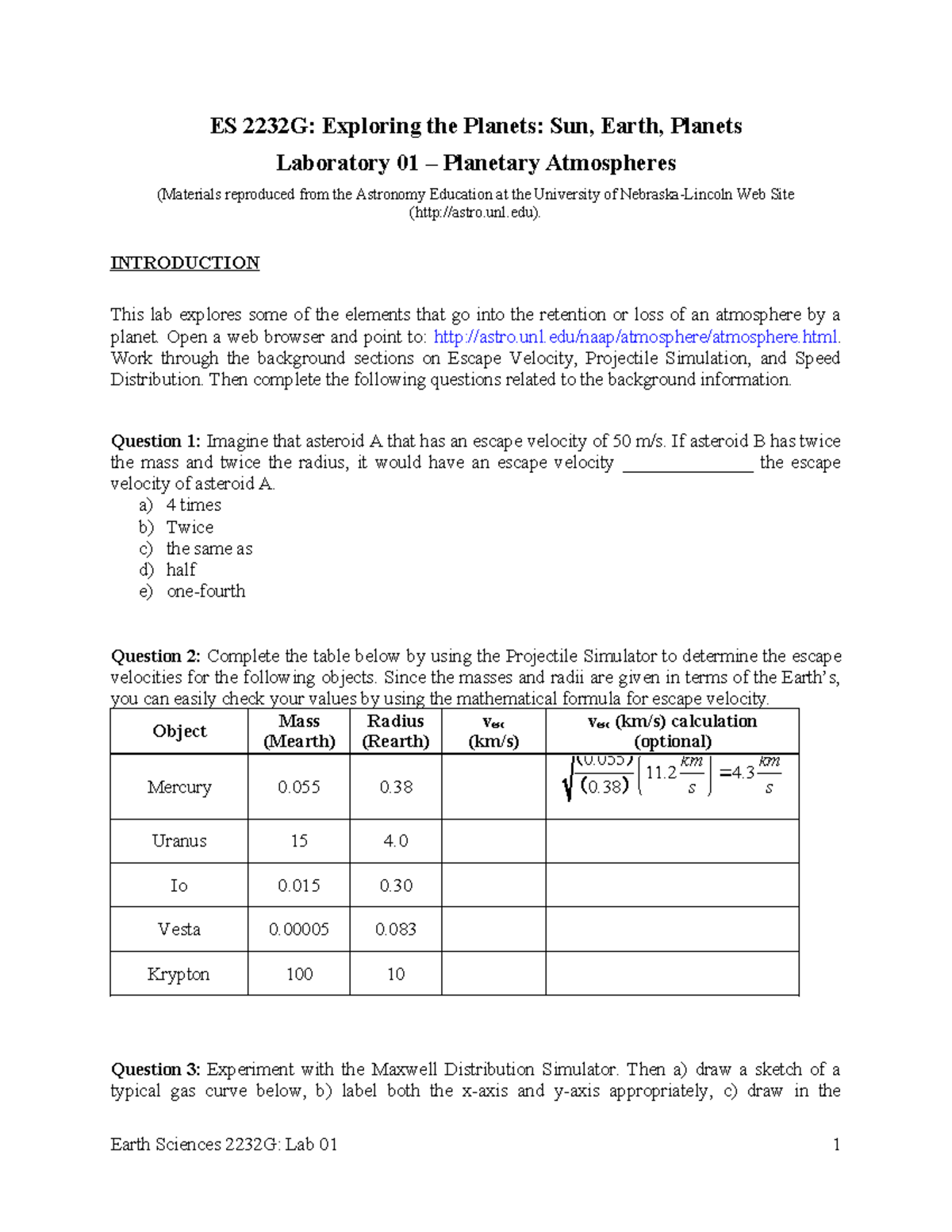 Lab 2 Planetary Atmospheres - ES 2232G: Exploring the Planets: Sun ...