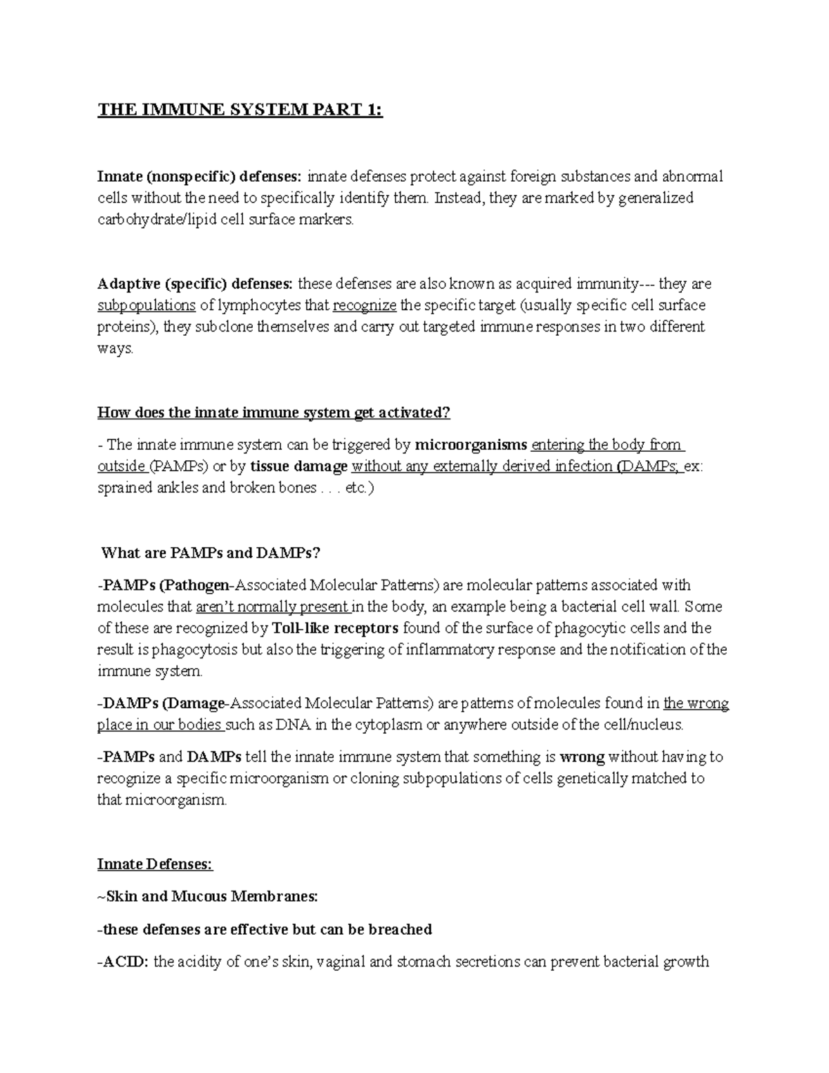 ANP1115 Notes - THE IMMUNE SYSTEM PART 1: Innate (nonspecific) defenses ...
