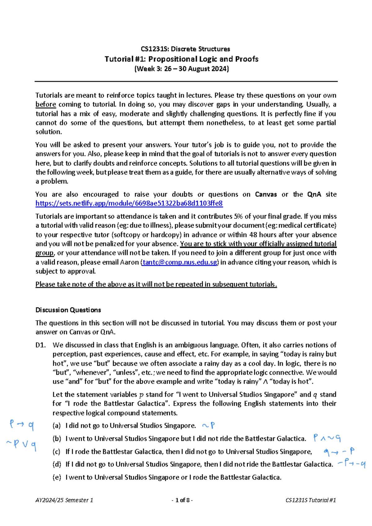 Tut01qns First Tutorial Assignment Cs1231s Discrete Structures Tutorial 1 Propositional