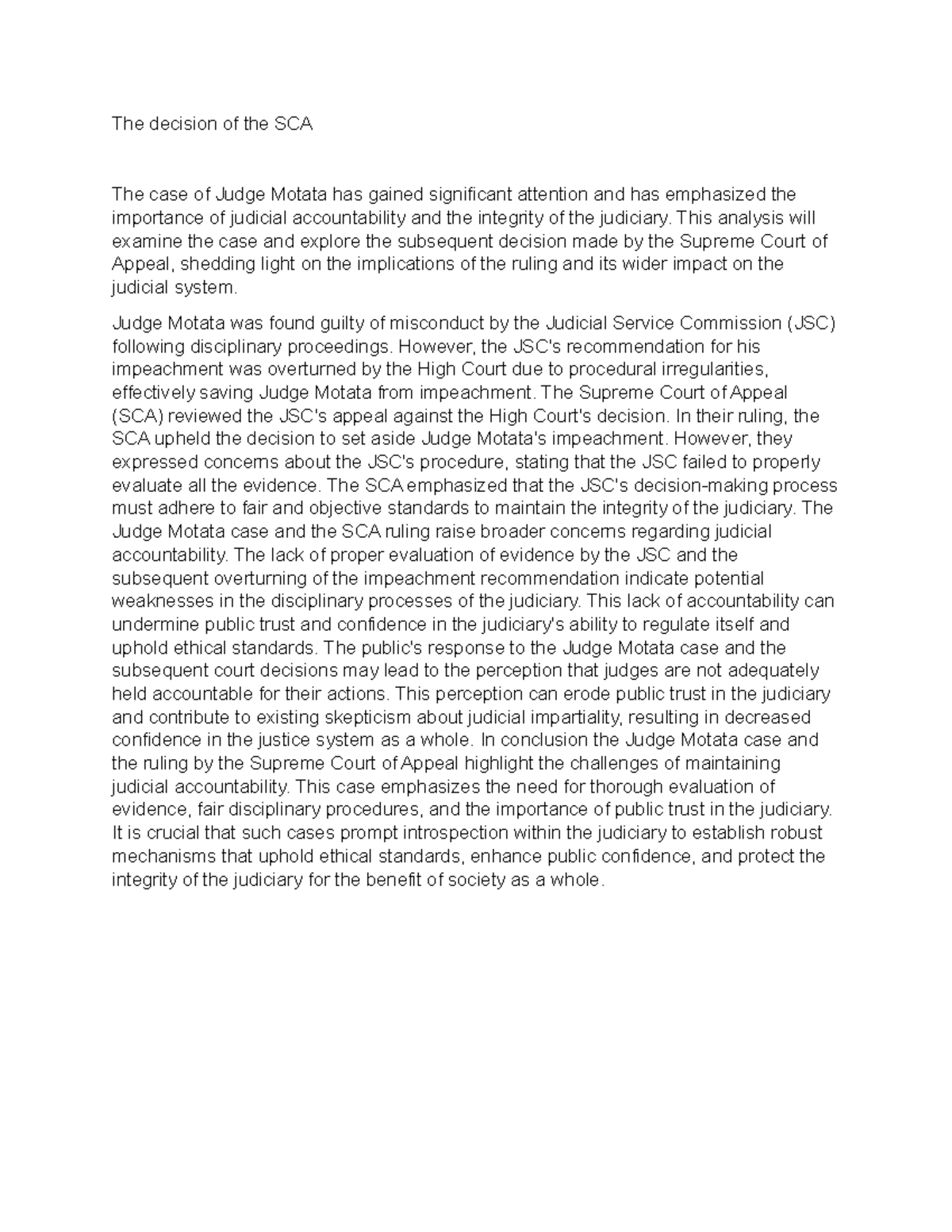 Decision of the SCA - NEED THE NOTES - The decision of the SCA The case ...