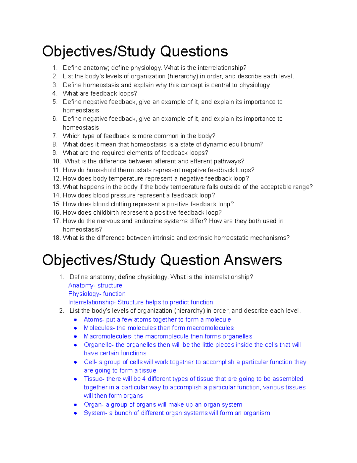 Lecture 1 Study Guide with Answers - Objectives/Study Questions Define ...