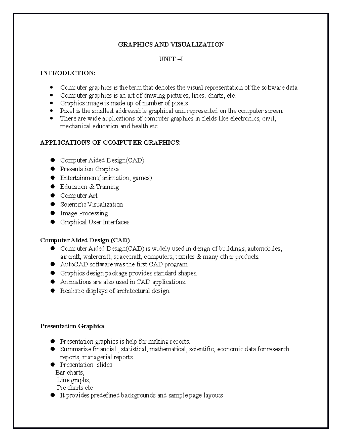 Gv notes - RANI - GRAPHICS AND VISUALIZATION UNIT –I INTRODUCTION ...
