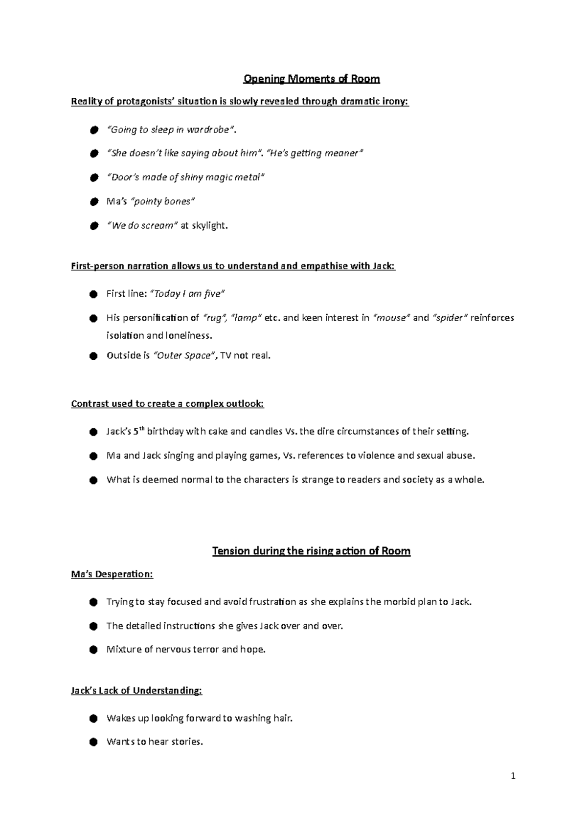 Room Key Scenes Notes - Opening Moments of Room Reality of protagonists ...