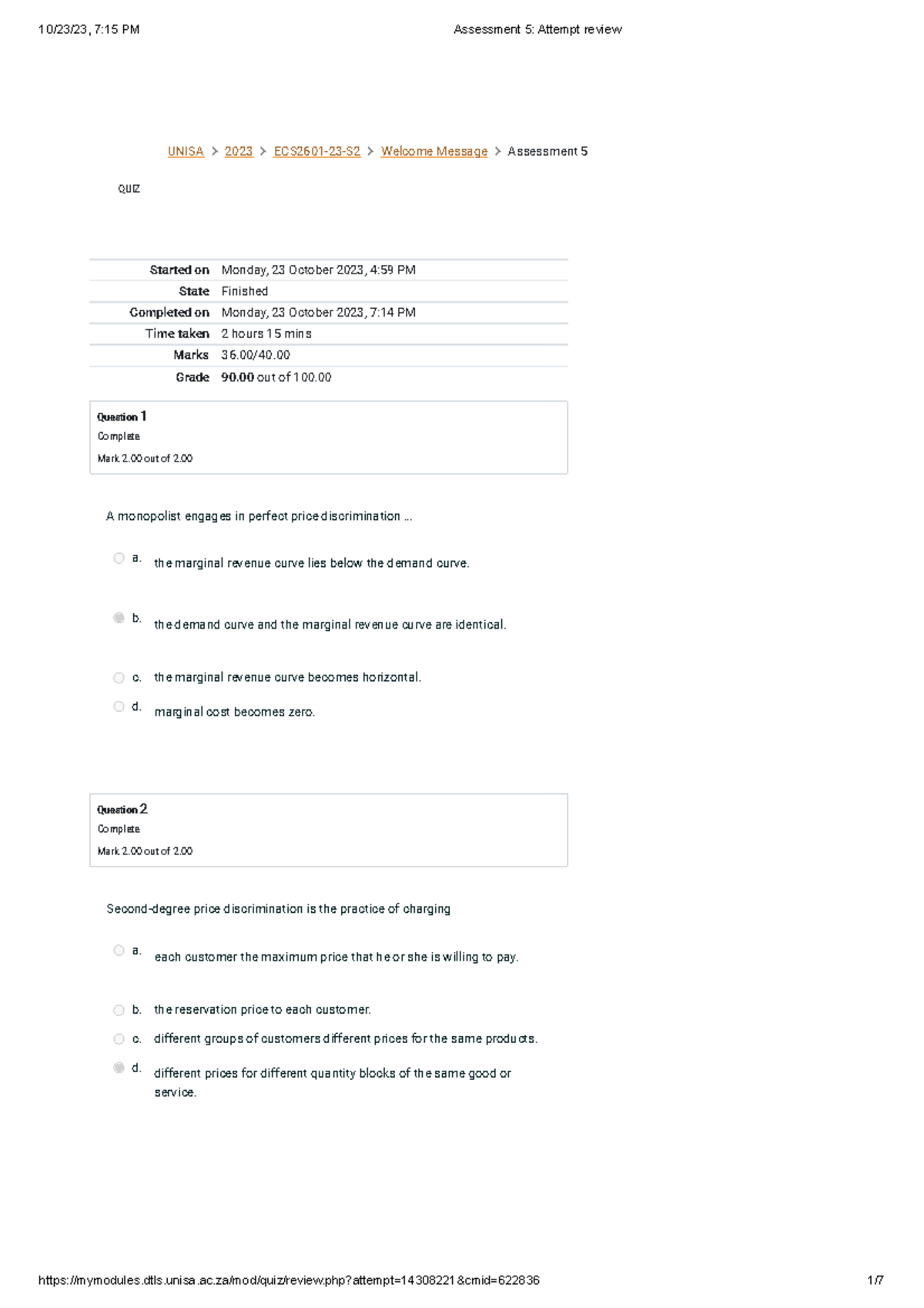 ECS2601 Assessment 5 Attempt 2 review - UNISA 2023 ECS2601-23-S2 Welcome Message Assessment ...