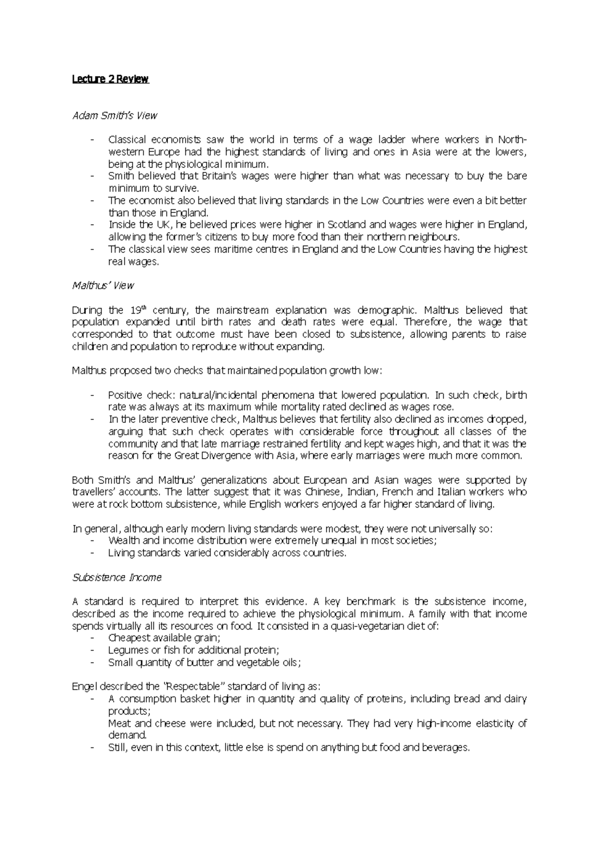 ECON History Review - full course notes - Lecture 2 Review Adam Smith’s ...