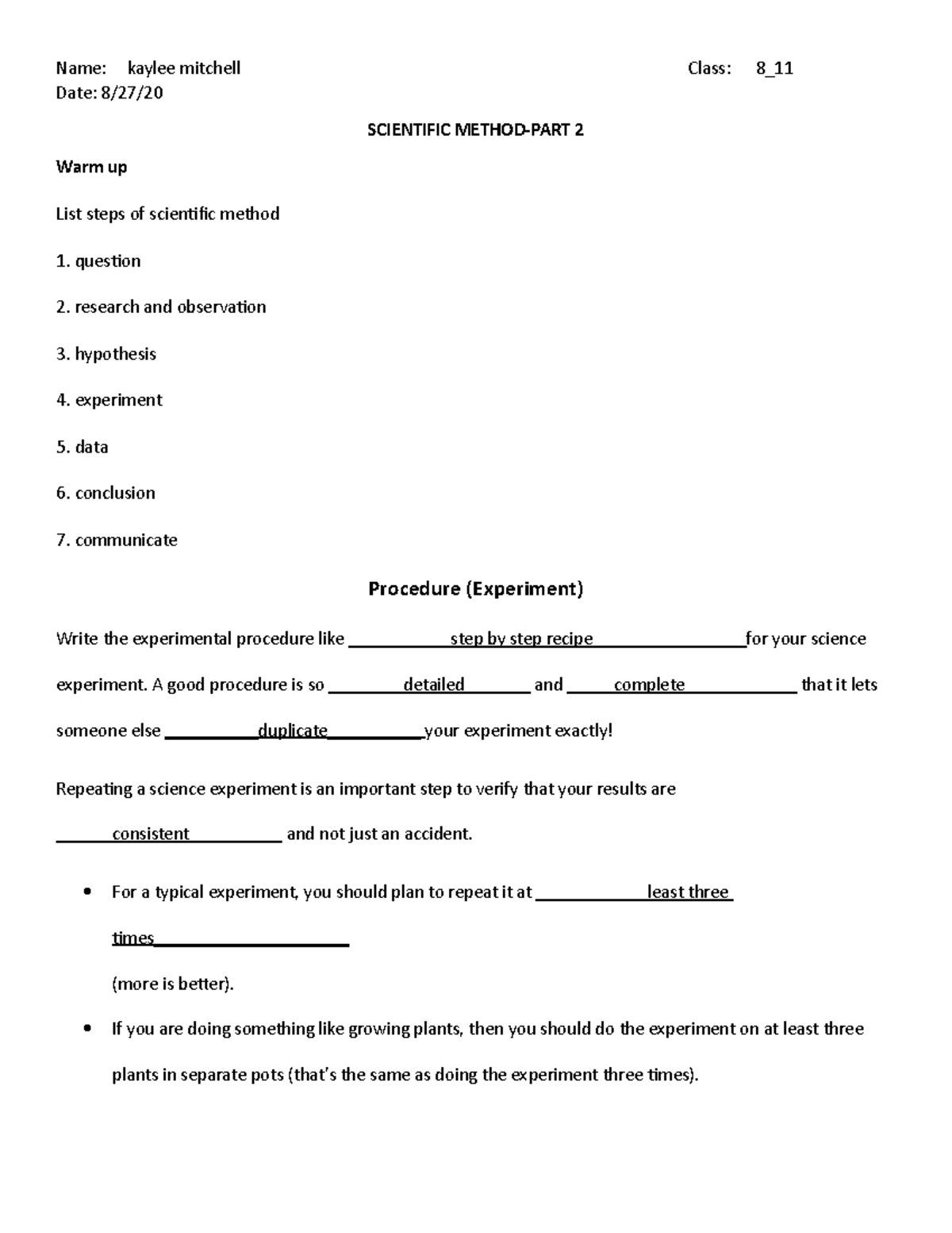 Scientific Method Part 2 Guided Notes - Name: kaylee mitchell Class: 8 ...
