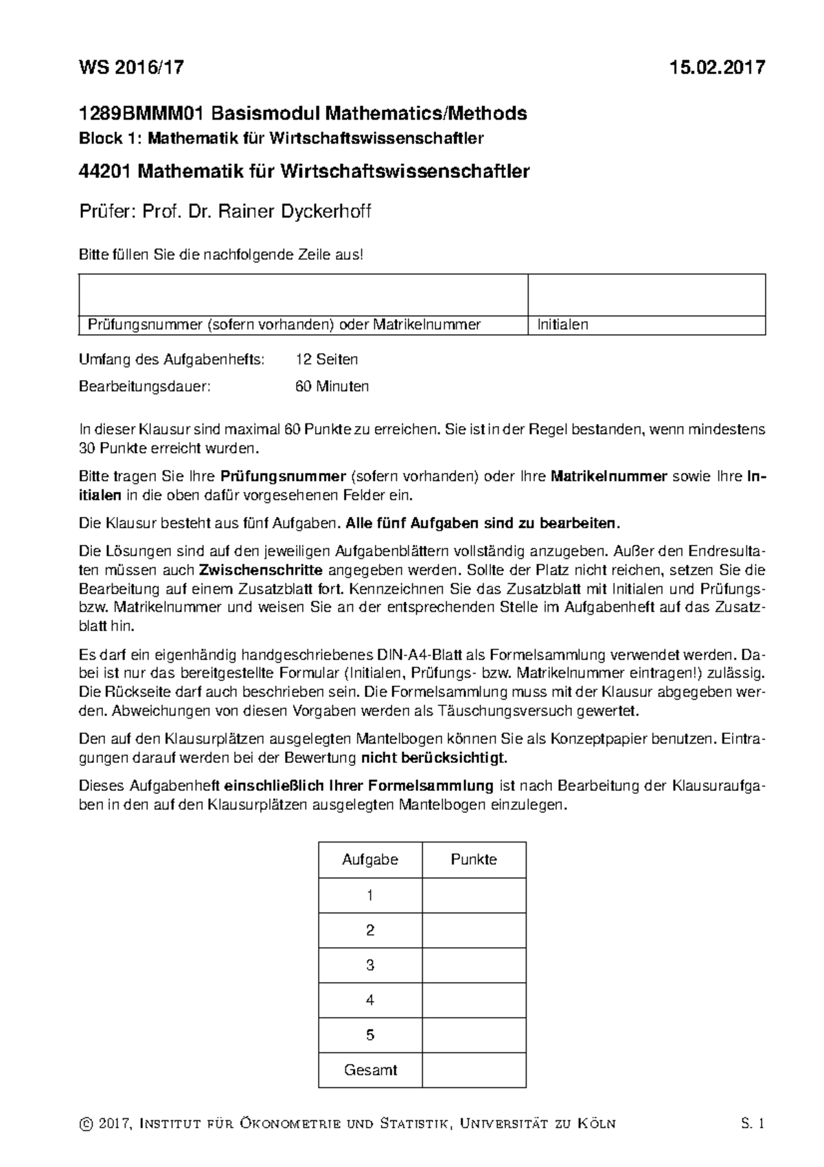 Klausur Wintersemester 2016/2017, Fragen und Antworten - WS 2016/17 15.02 1289BMMM01 Basismodul ...