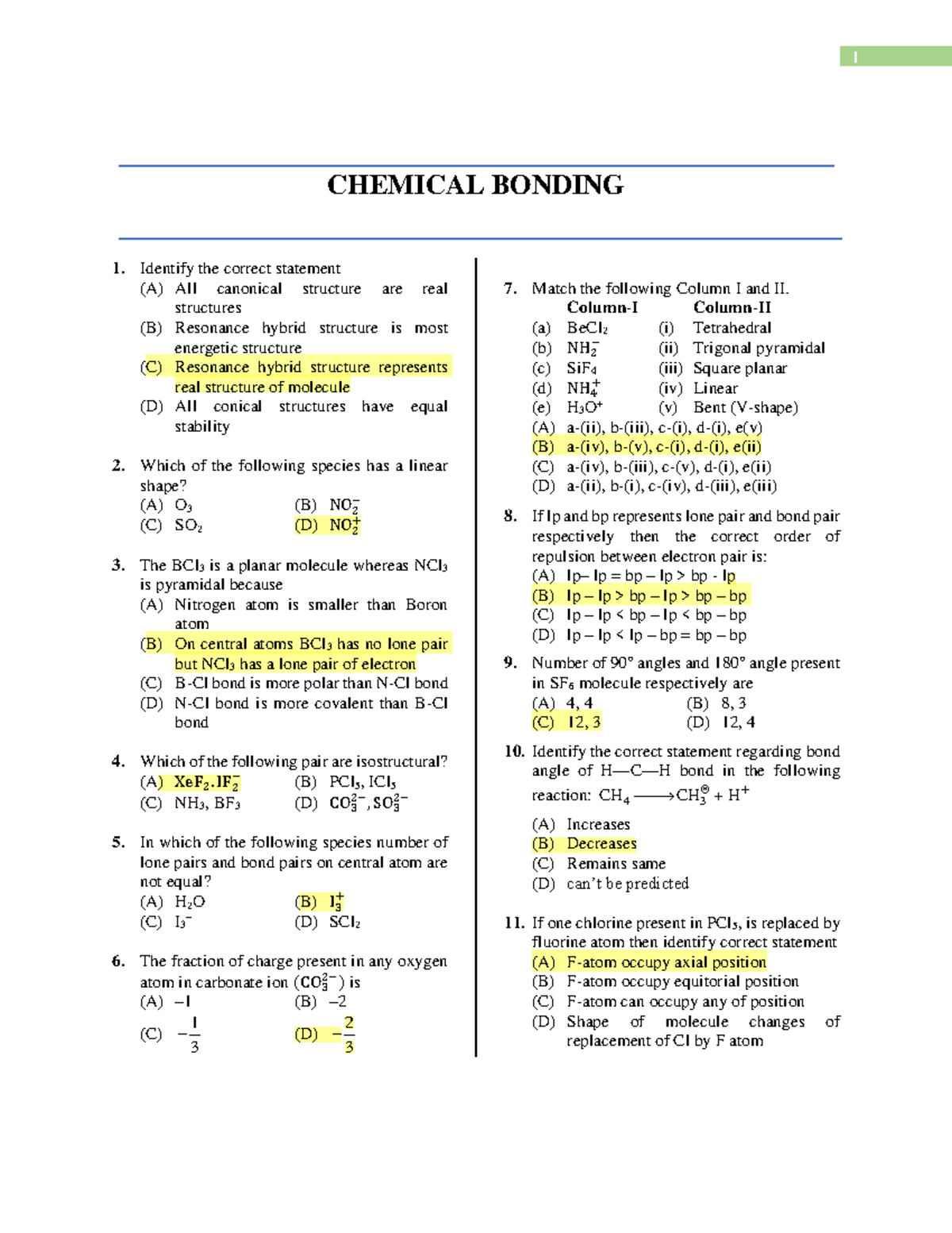 Chemistry practice Chemical Bonding - 1 1. Identify the correct ...