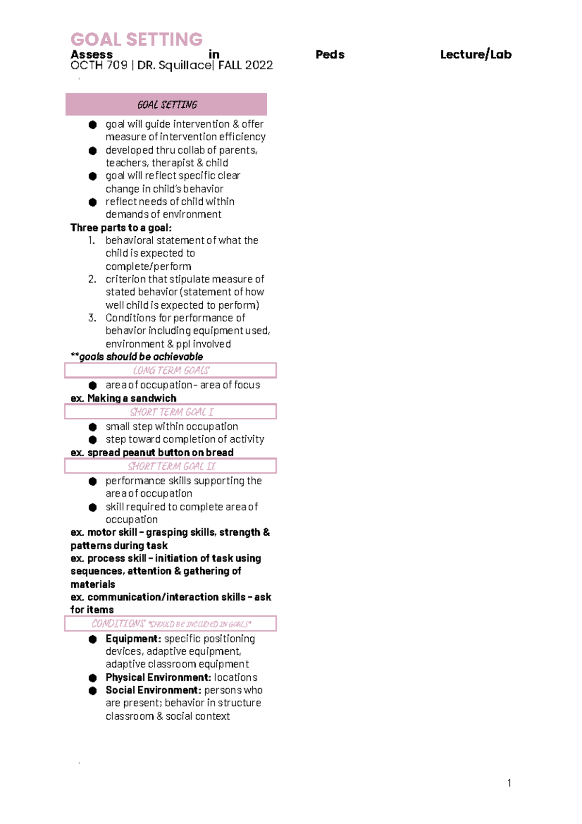 Goal Setting - Dr. Squillace Notes - GOAL SETTING Assess in Peds ...