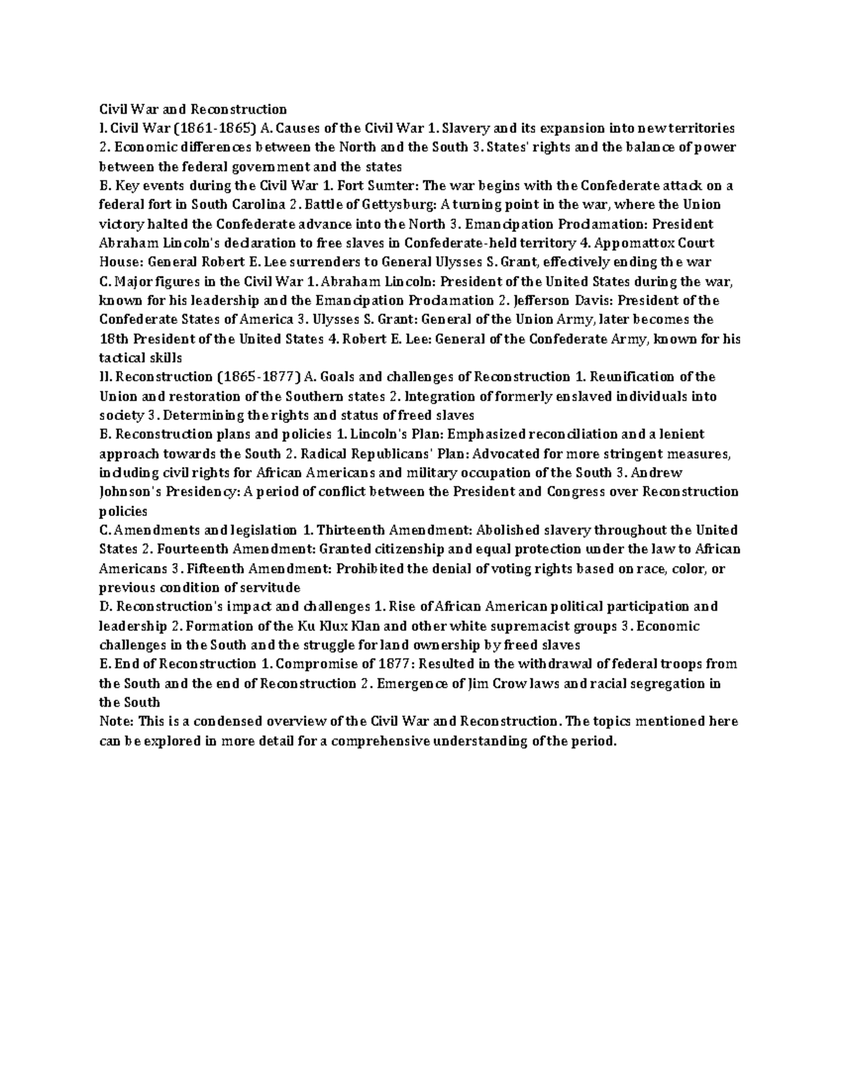 Civil War and Reconstruction - Civil War (1861-1865) A. Causes of the ...