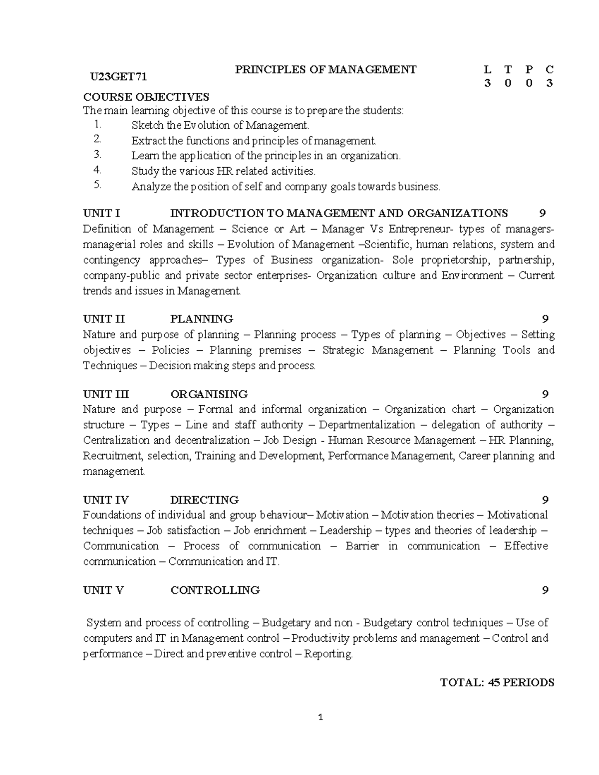 Management Courses - Syllabus - U 23 GET 71 PRINCIPLES OF MANAGEMENT L ...