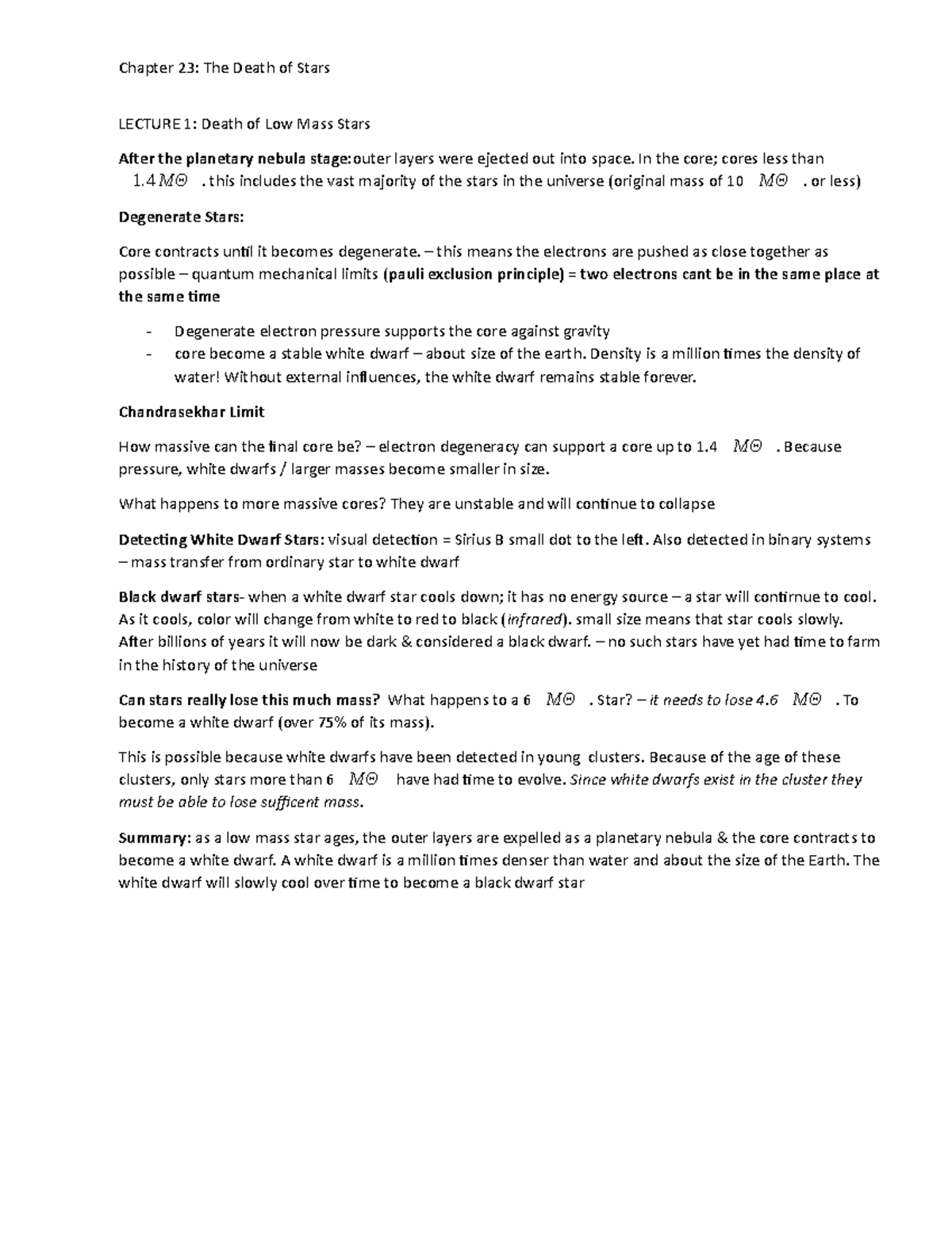 Chapter 23 notes - LECTURE 1: Death of Low Mass Stars After the ...