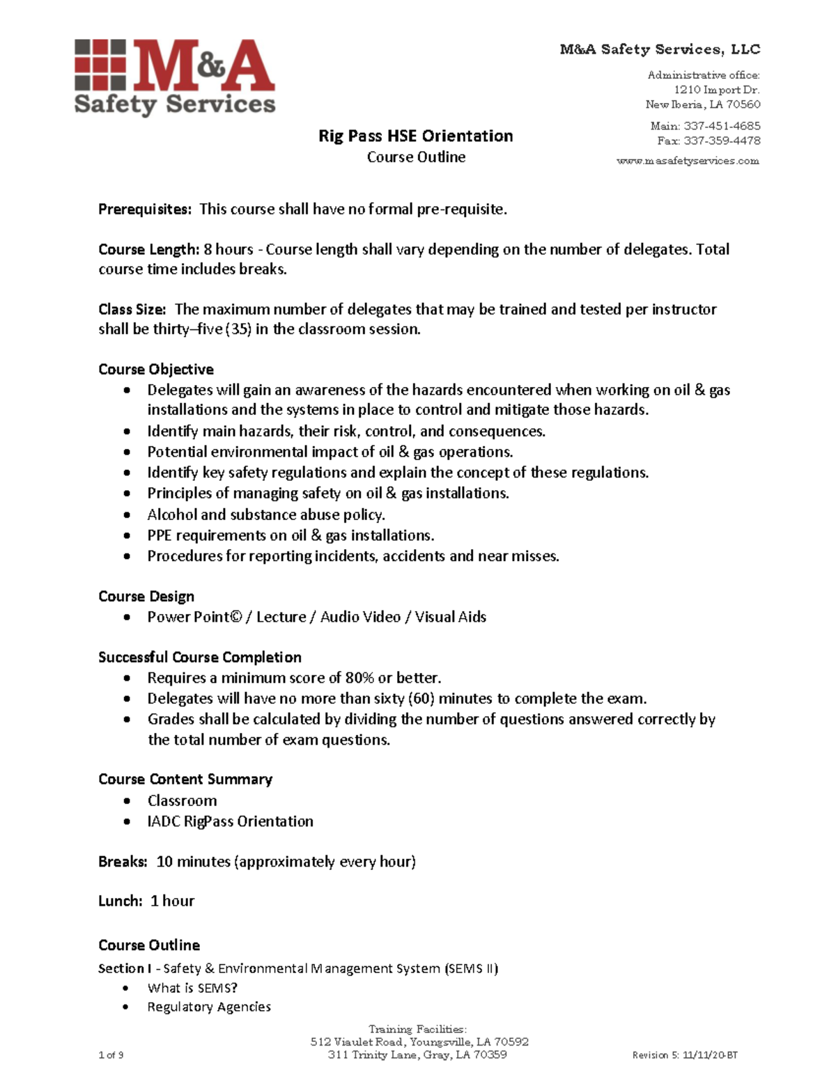 Course Outline IADC Rig Pass 11 11 20 BT - Rig Pass HSE Orientation ...