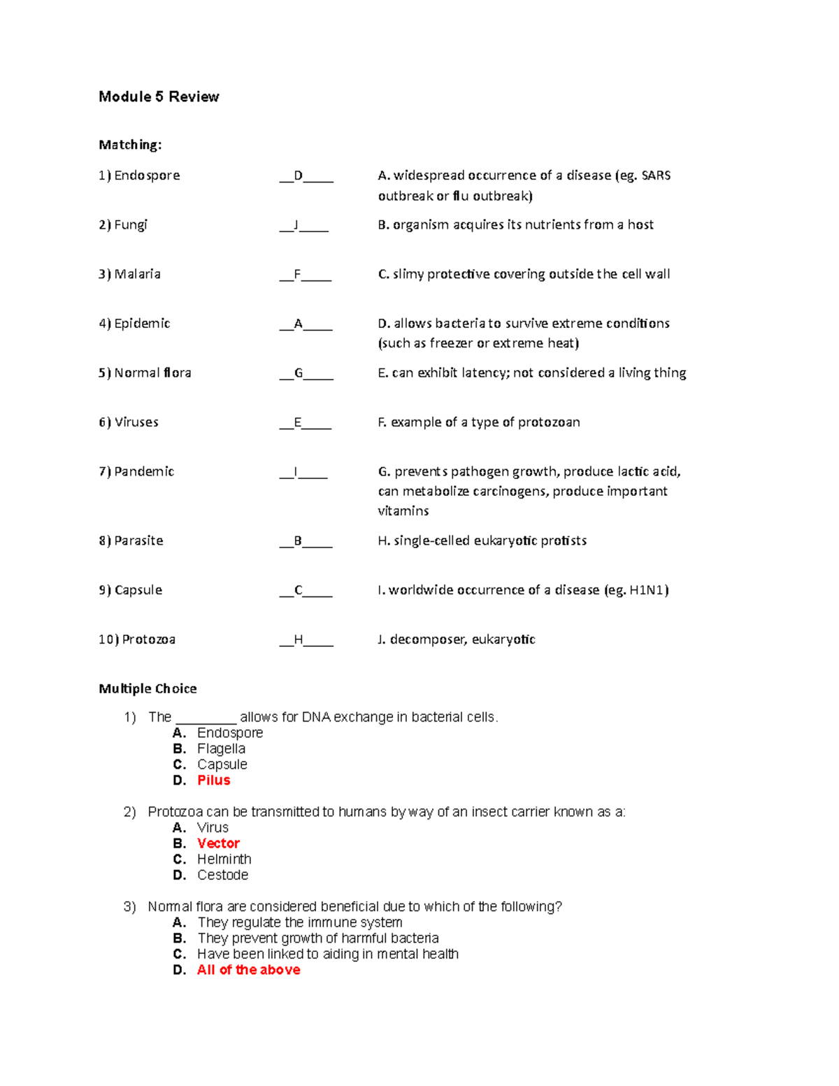 Module 5 review sheet answers - Module 5 Review Matching: 1) Endospore ...