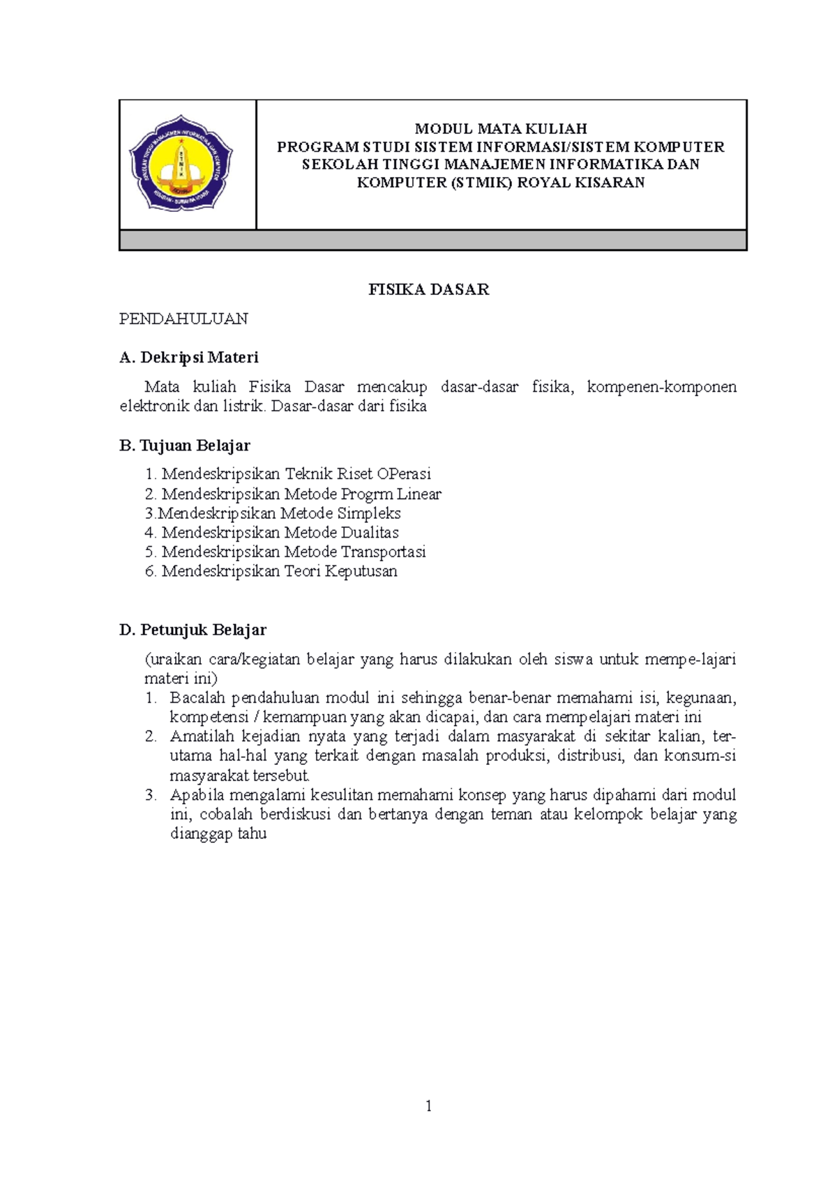 Modul Fisika Dasar - MODUL MATA KULIAH PROGRAM STUDI SISTEM INFORMASI/SISTEM KOMPUTER SEKOLAH ...