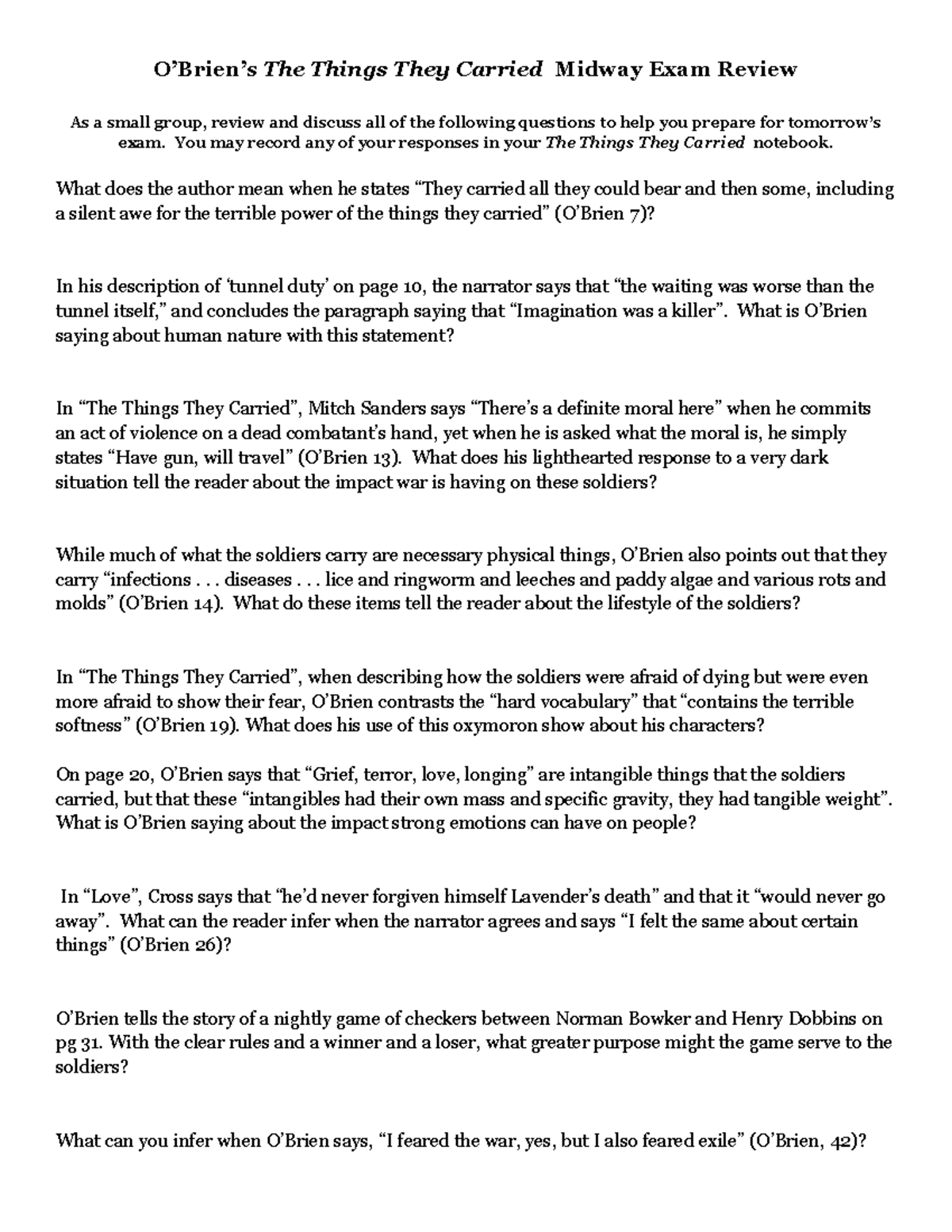 TTTC+First+half+review - O’Brien’s The Things They Carried Midway Exam ...