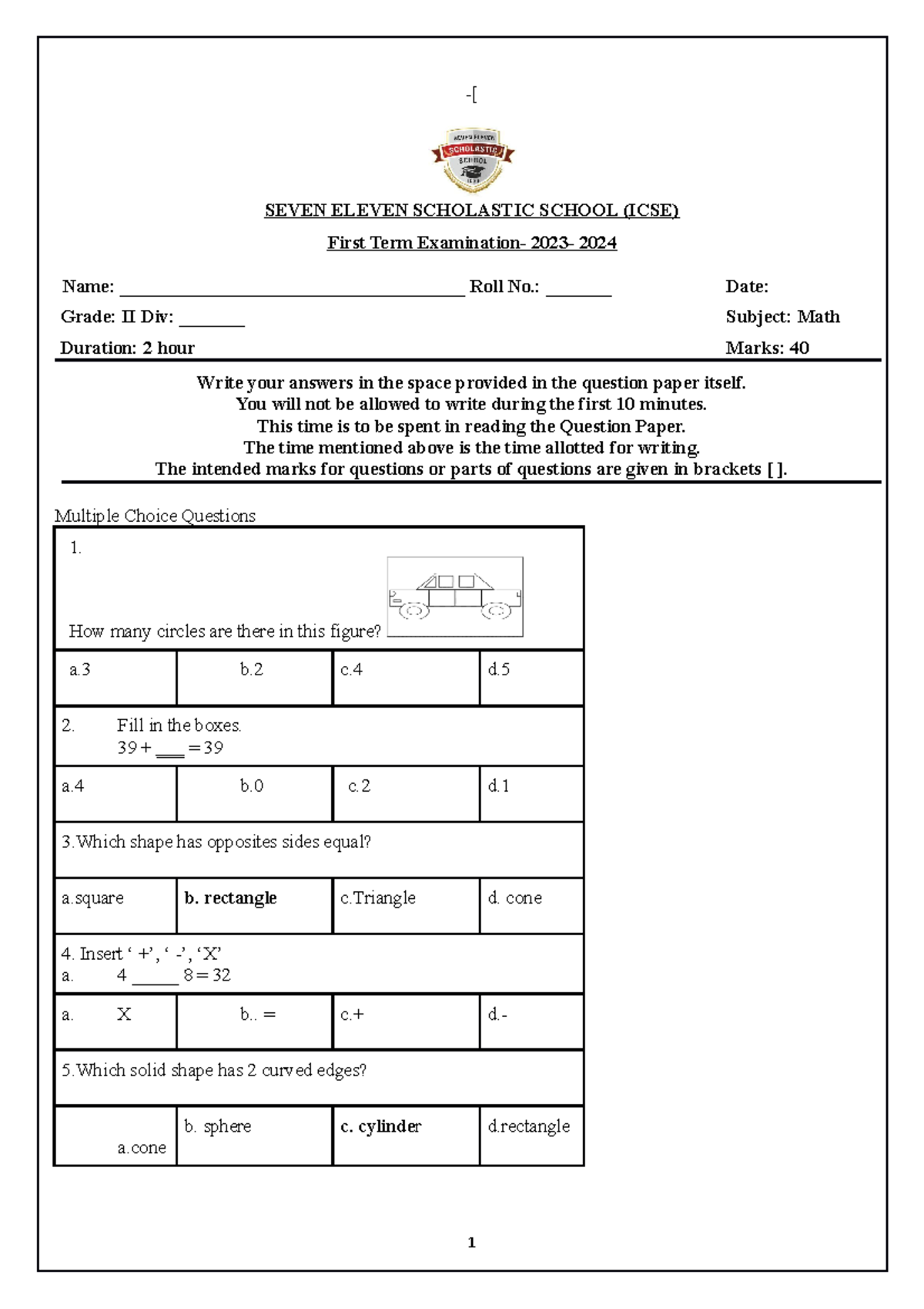 Grade 2 math term1 revisionpaper -[ SEVEN ELEVEN SCHOLASTIC SCHOOL ...