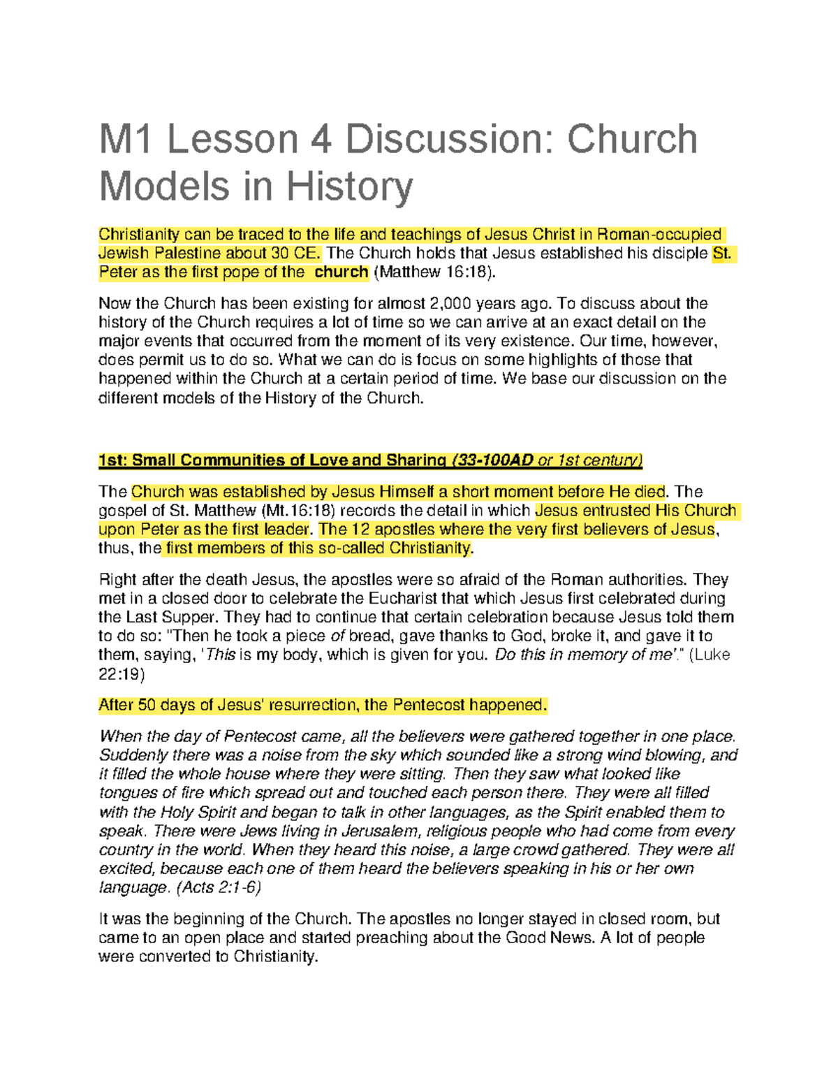 Church Models in History - M1 Lesson 4 Discussion: Church Models in ...