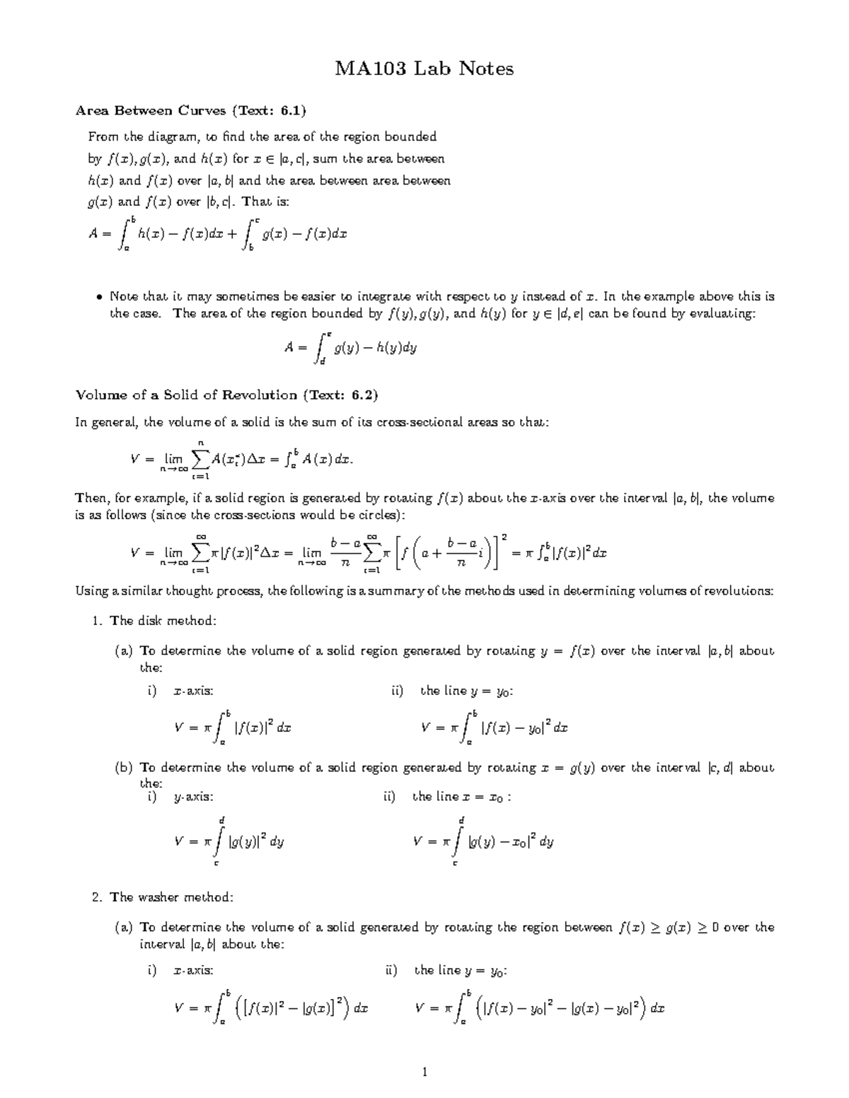 MA103 Lab 10 Notes - MA103 Lab Notes Area Between Curves (Text: 6) From ...