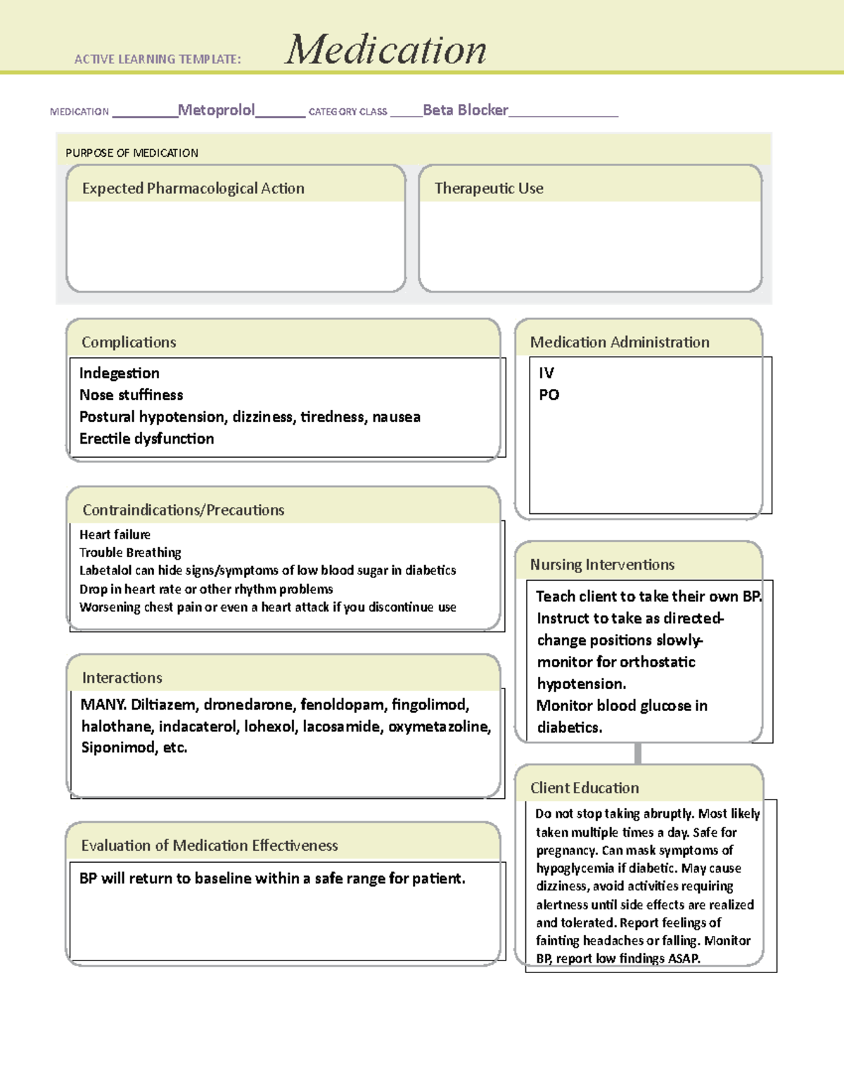 Metoprolol medication temp - MEDICATION Metoprolol CATEGORY CLASS Beta ...
