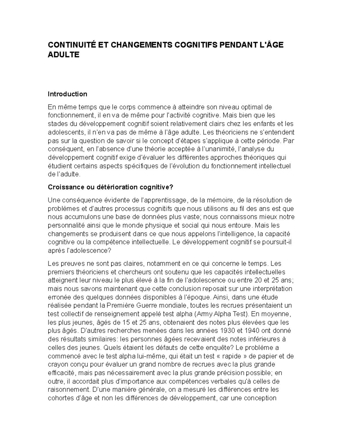 Continuité et changements cognitifs pendant l'âge adulte - CONTINUITÉ ...
