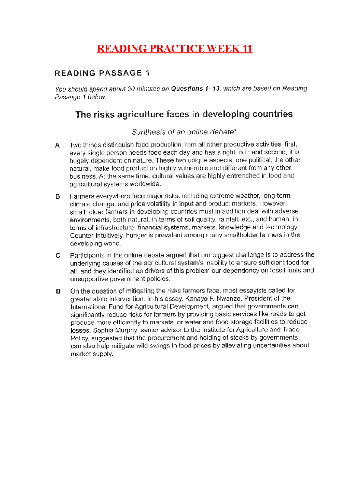 Reading Practice WEEK 11 - English - READING PRACTICE WEEK - Studocu