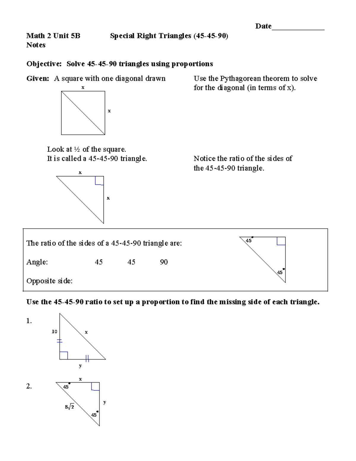 Math 2 Unit 5B 45-45-90 notes - Date_____________ Math 2 Unit 5B ...