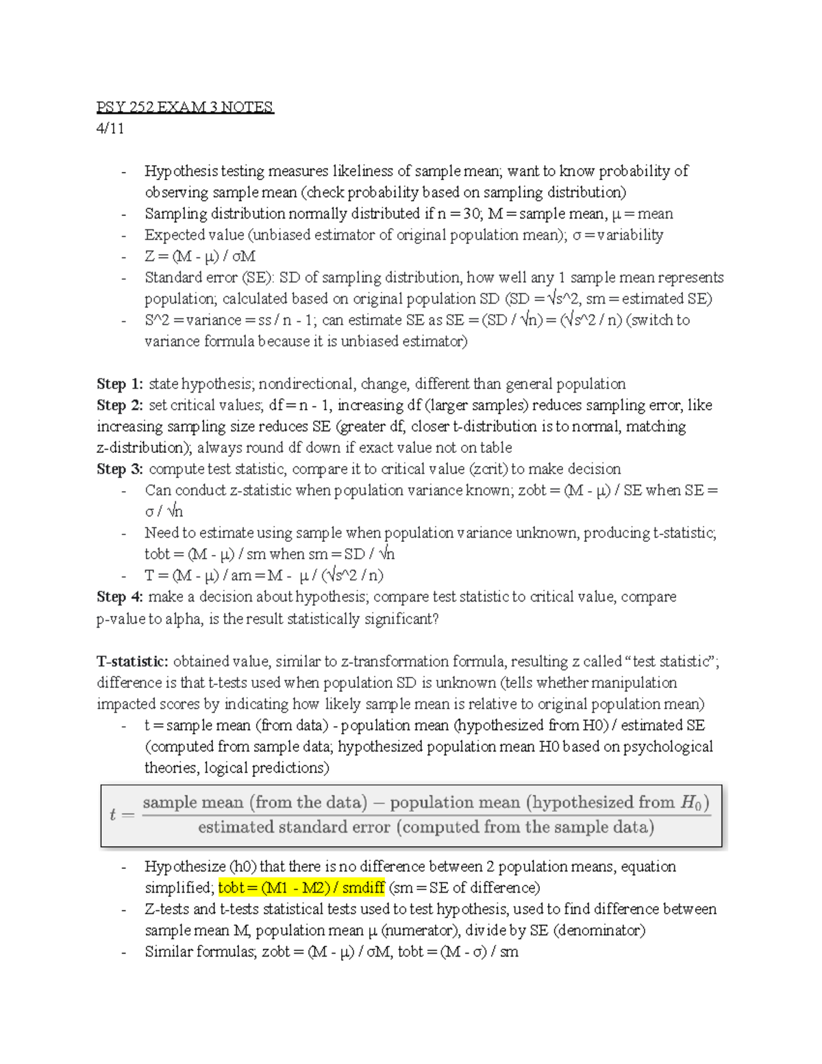 Psy 252 Exam 3 Notes Psy 252 Exam 3 Notes 4 Hypothesis Testing