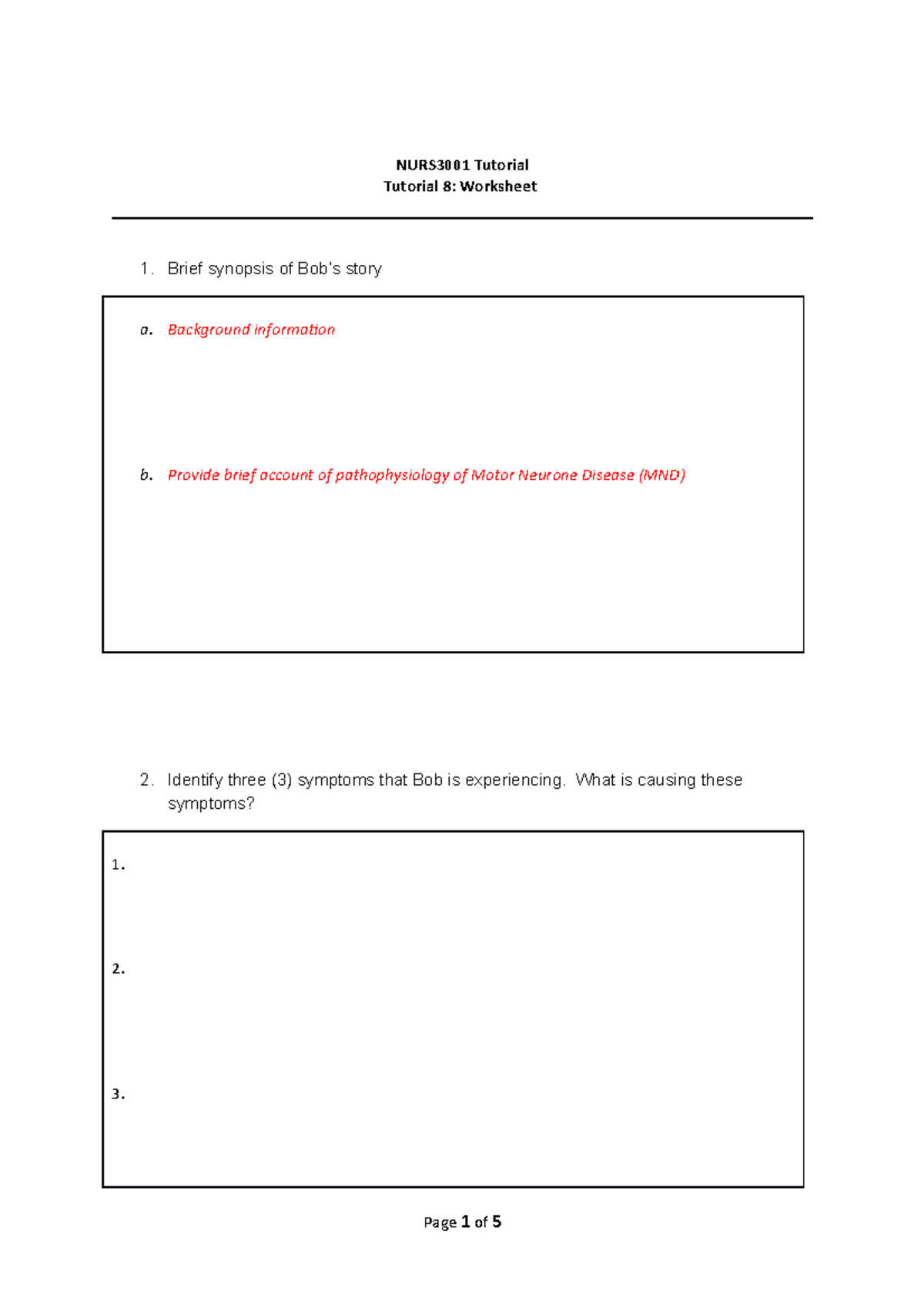 22 Week 8 Tutorial Worksheet MND - NURS3001 Tutorial Tutorial 8 ...