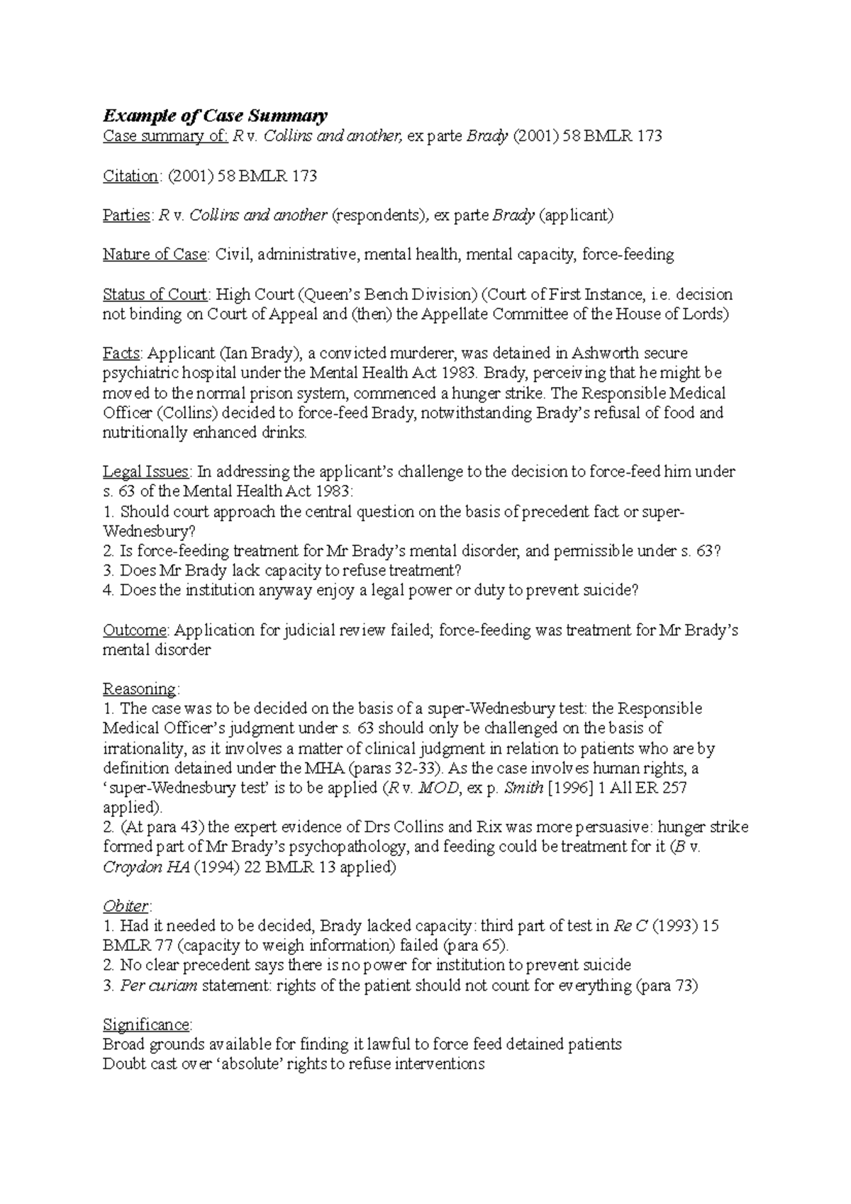 Case Brief Example - Brady - Example of Case Summary Case summary of: R ...