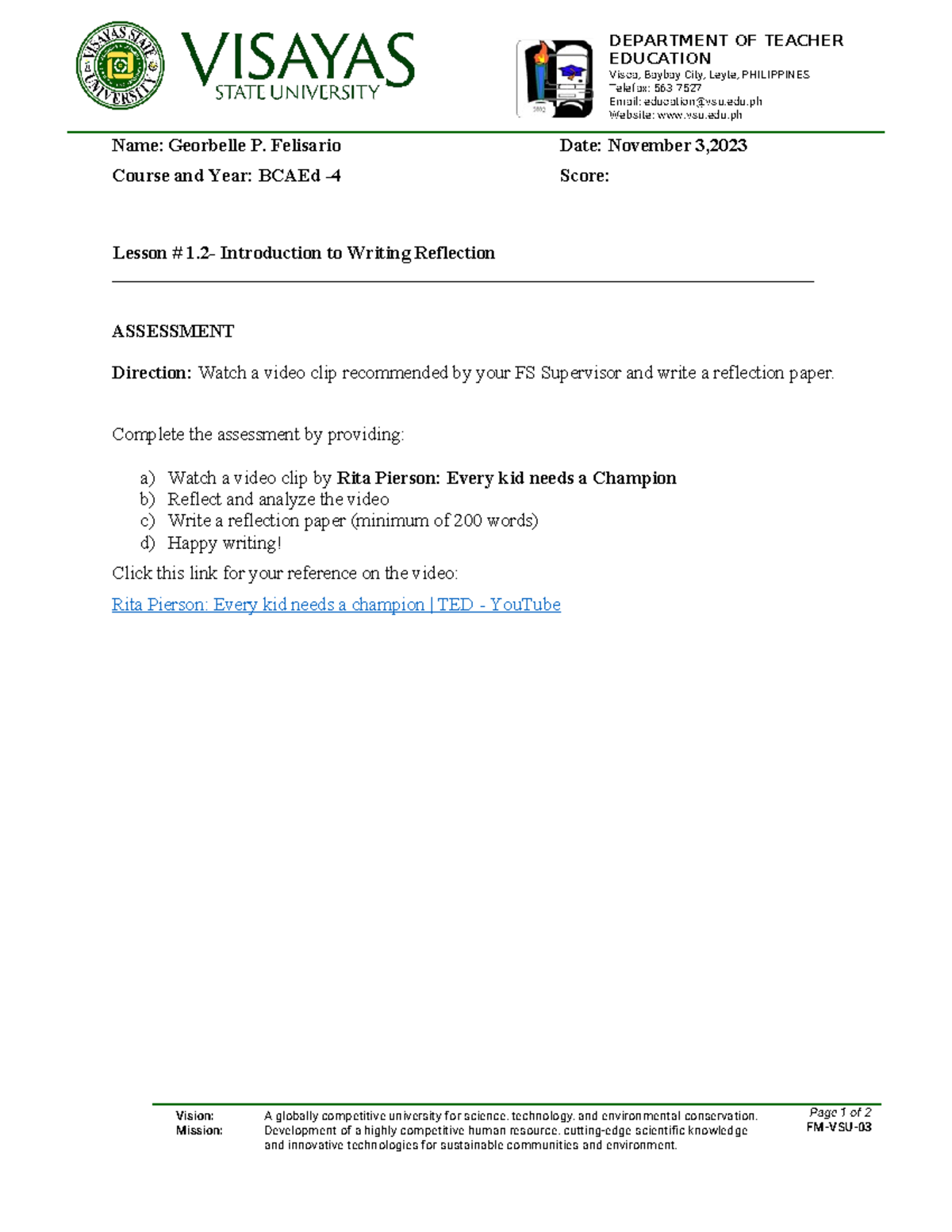 Module 1- lesson 1 - FS 1 - Name: Georbelle P. Felisario Date: November ...