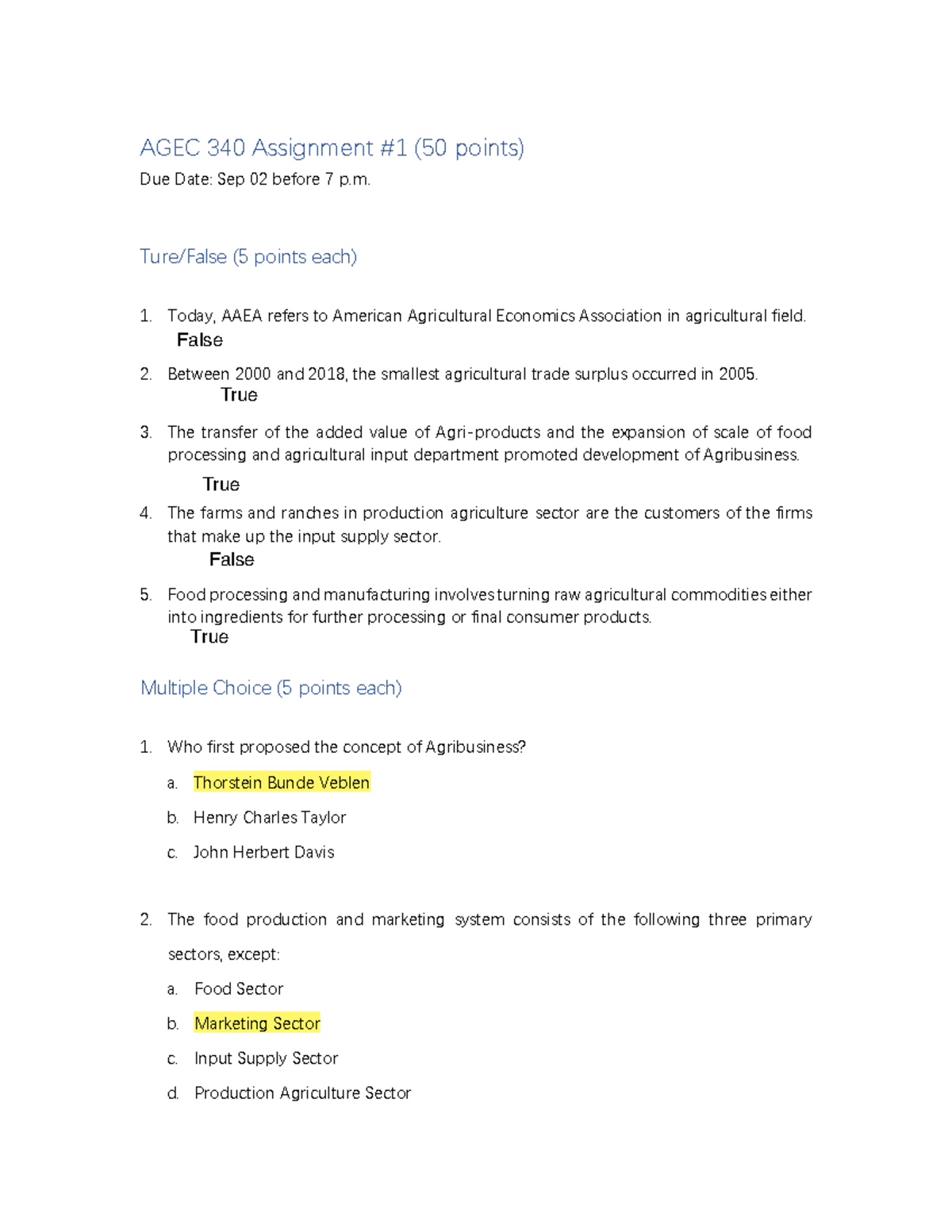 AGEC assignment number 1 - AGEC 340 Assignment #1 (50 points) Due Date ...