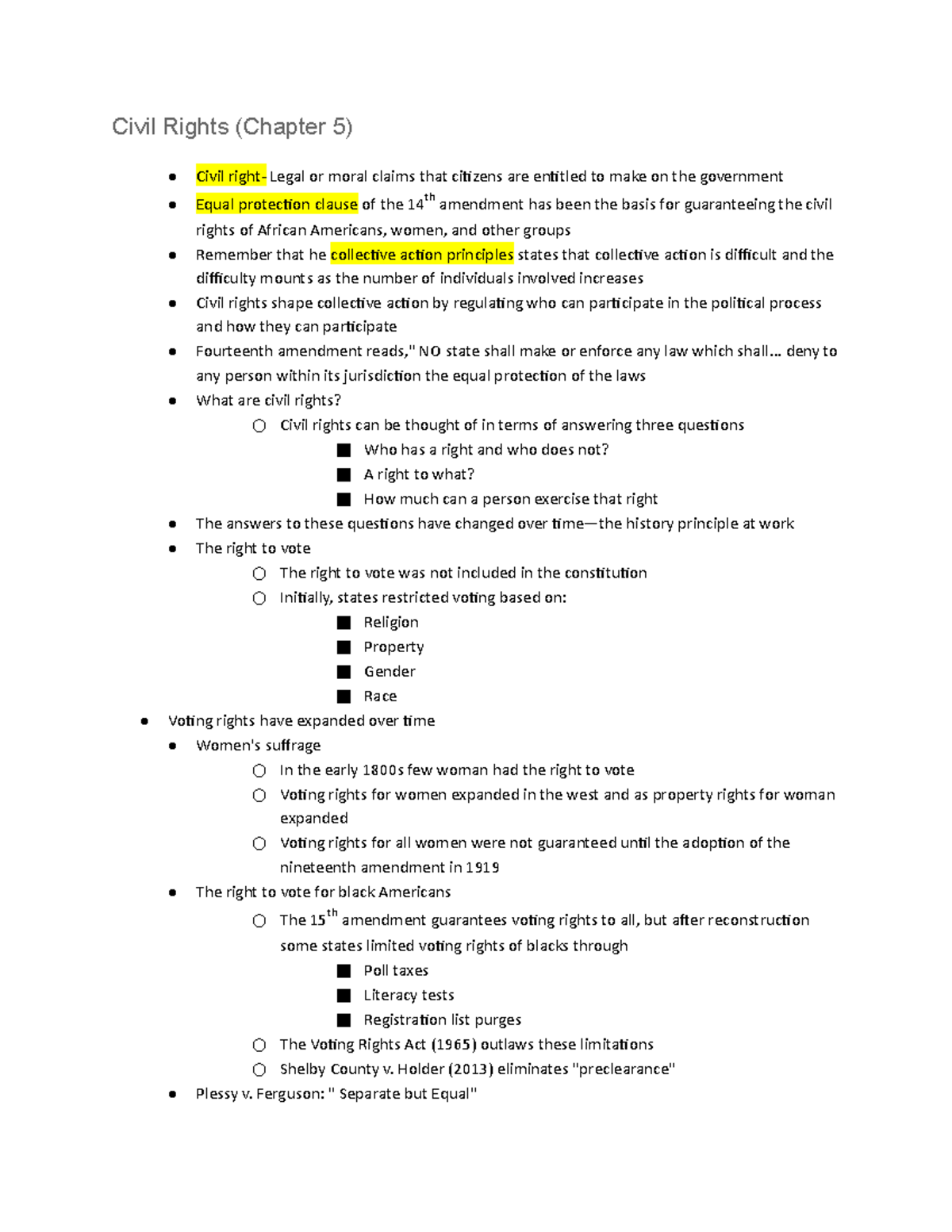 POLS 1100 17 9 19 - Chapter 5, Laine Shay - Civil Rights (Chapter 5 ...