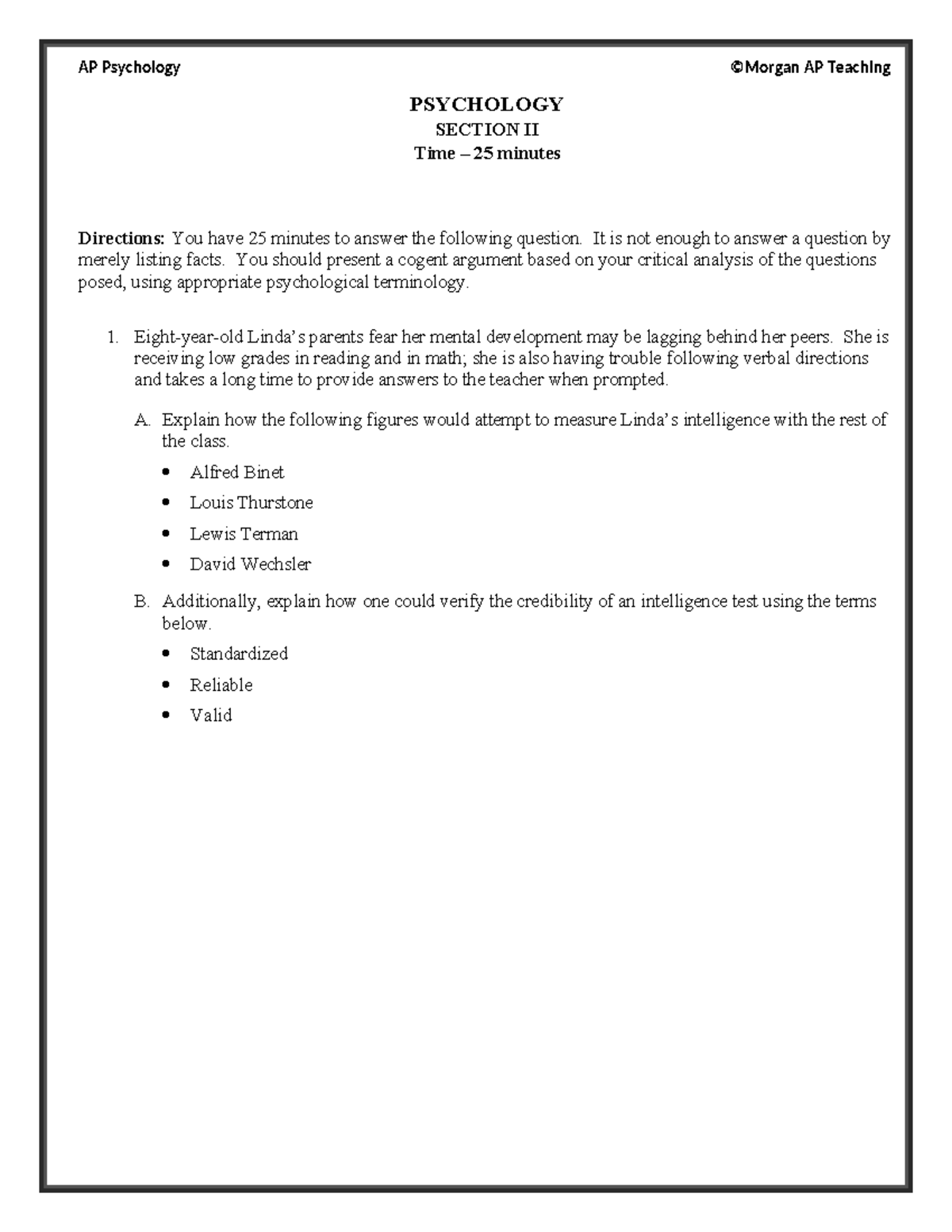 Unit 5 FRQ III - Intelligence Testing - AP Psychology ©Morgan AP ...