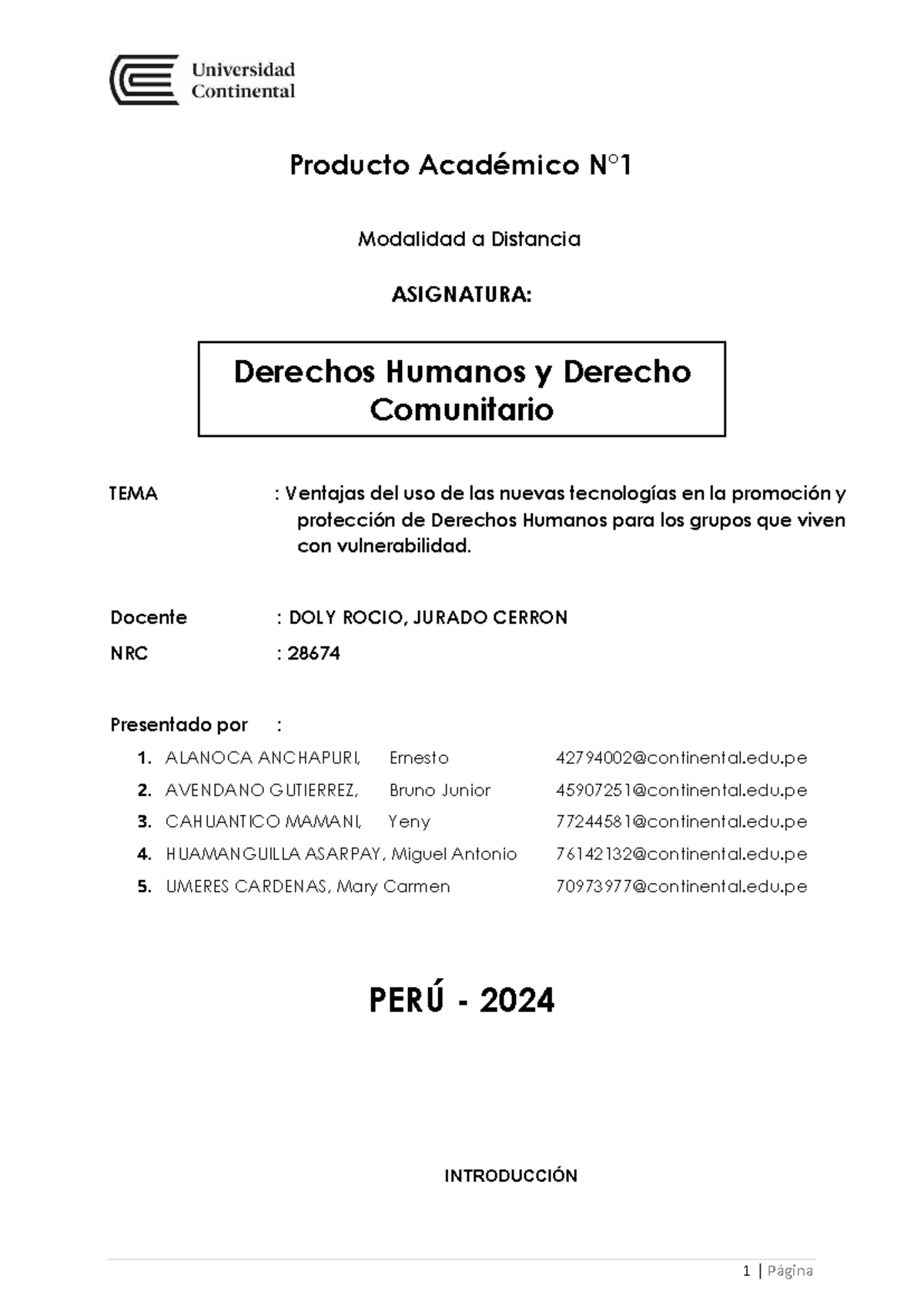 PA1 DDHH G12 - ensayo - Producto Académico N° Modalidad a Distancia ASIGNATURA: Derechos Humanos ...