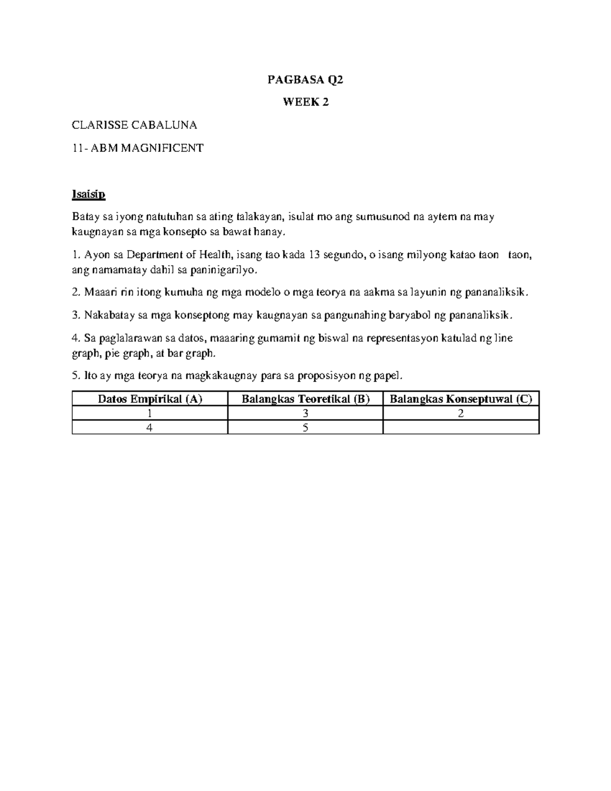 Pagbasa Q2-W2 - PAGBASA Q WEEK 2 CLARISSE CABALUNA 11- ABM MAGNIFICENT ...