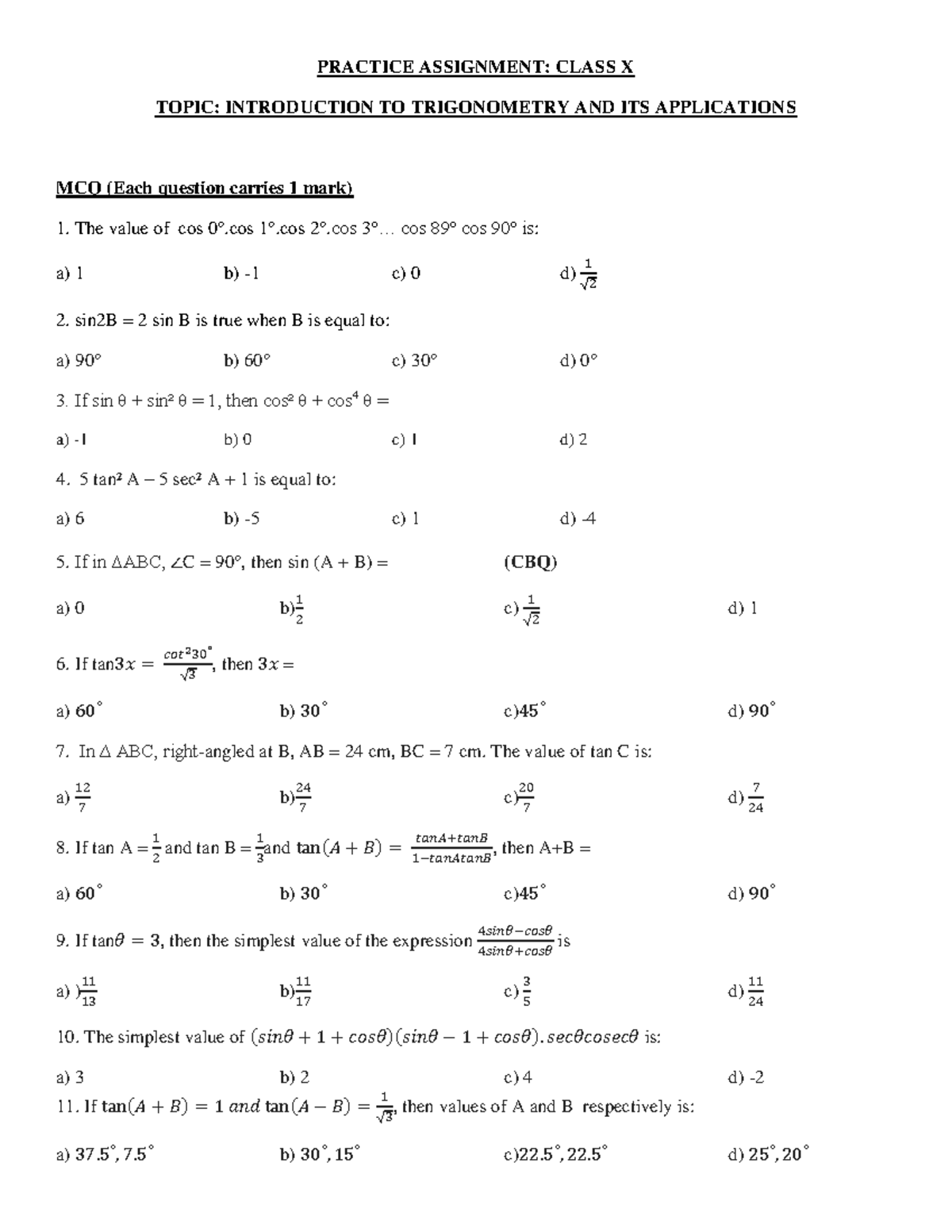 Trigonometry Practice Sheet - PRACTICE ASSIGNMENT: CLASS X TOPIC ...