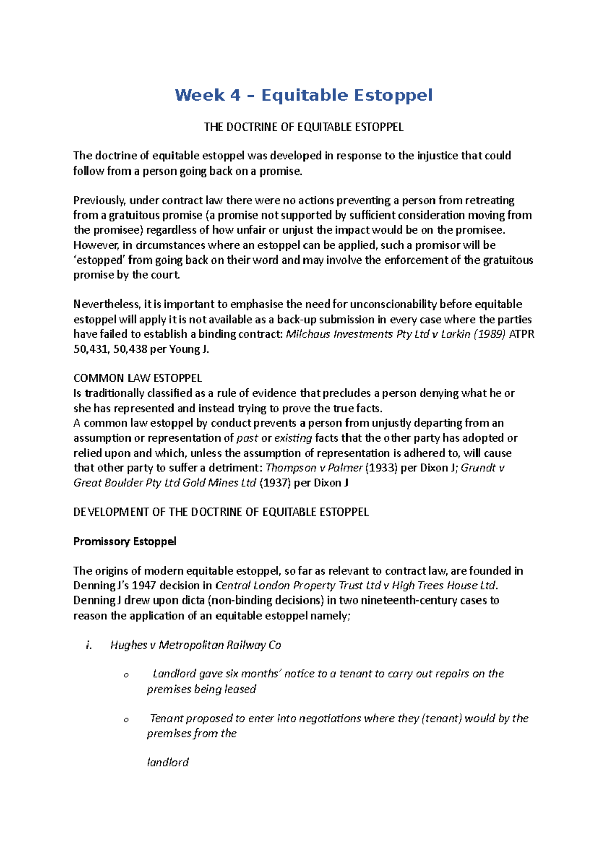 Week 4 EQUITABLE ESTOPEL Notes - Week 4 – Equitable Estoppel THE ...