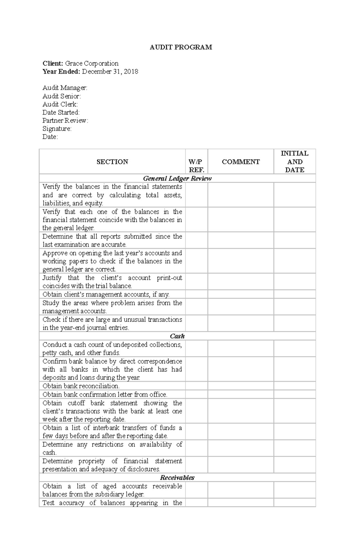 A9 Audit Program for Major Accounts - AUDIT PROGRAM Client: Grace ...