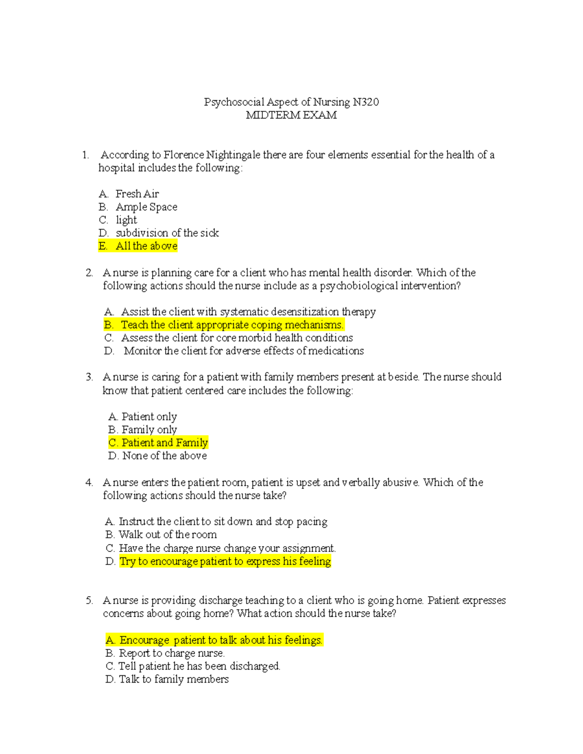 Midterm FALL 2021 - Psychosocial Aspect of Nursing N MIDTERM EXAM ...