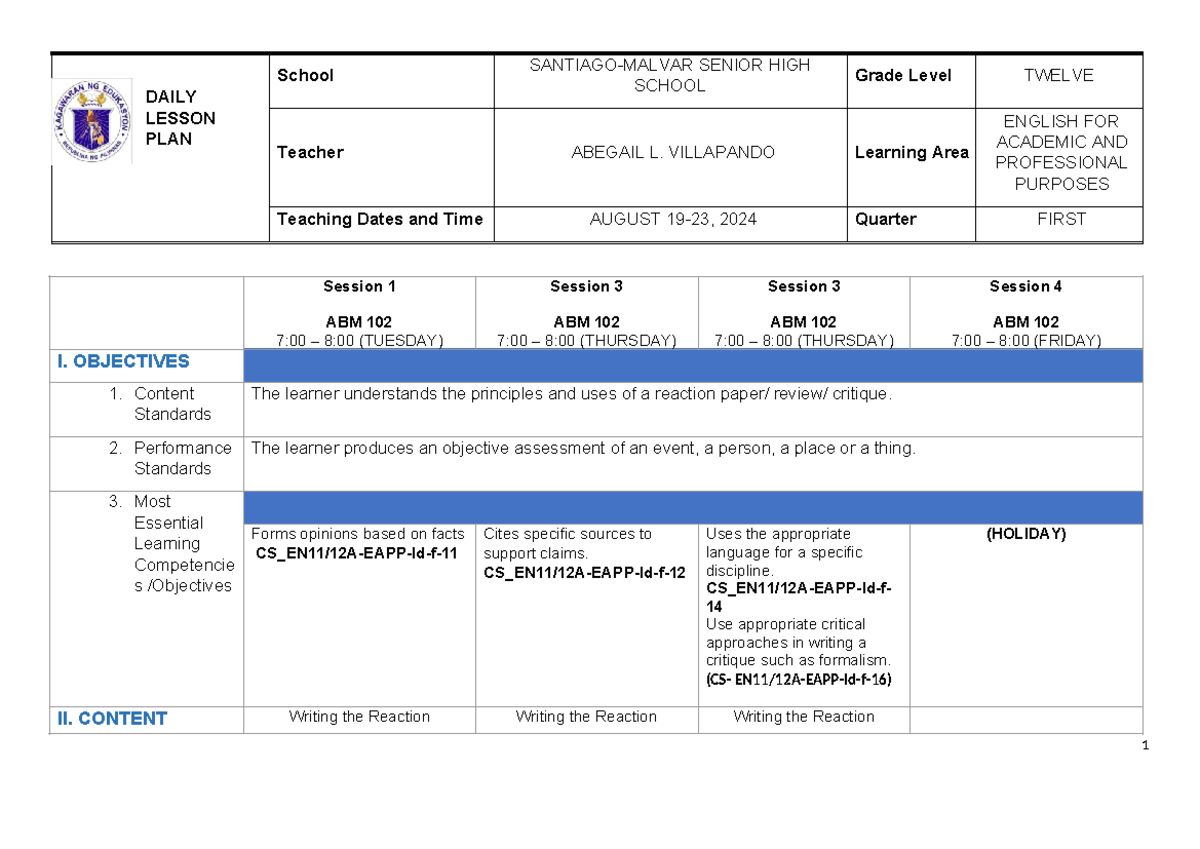 DLL - EAPP - Q1 - WEEK 4 - DLL - DAILY LESSON PLAN School SANTIAGO-MALVAR SENIOR HIGH SCHOOL ...