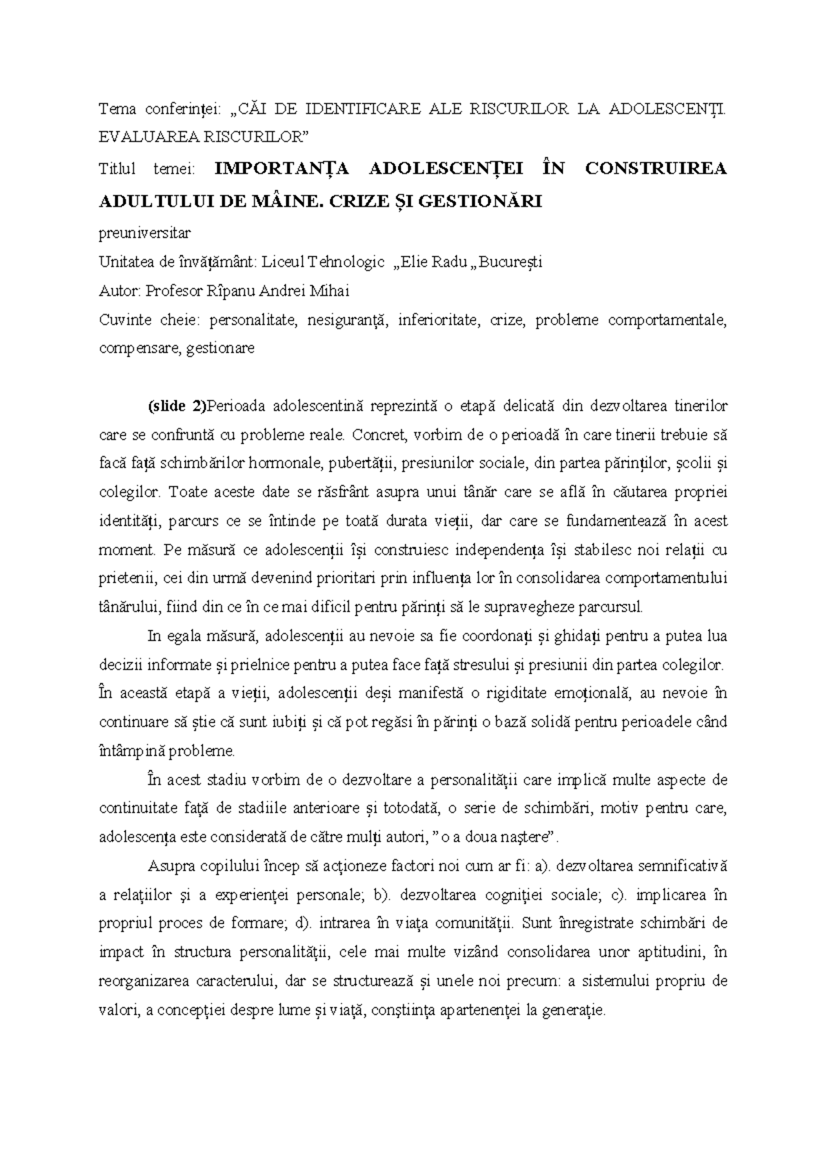 Rîpanu Andrei M I hai I MportanȚA AdolescenȚE I ÎN Construirea ...