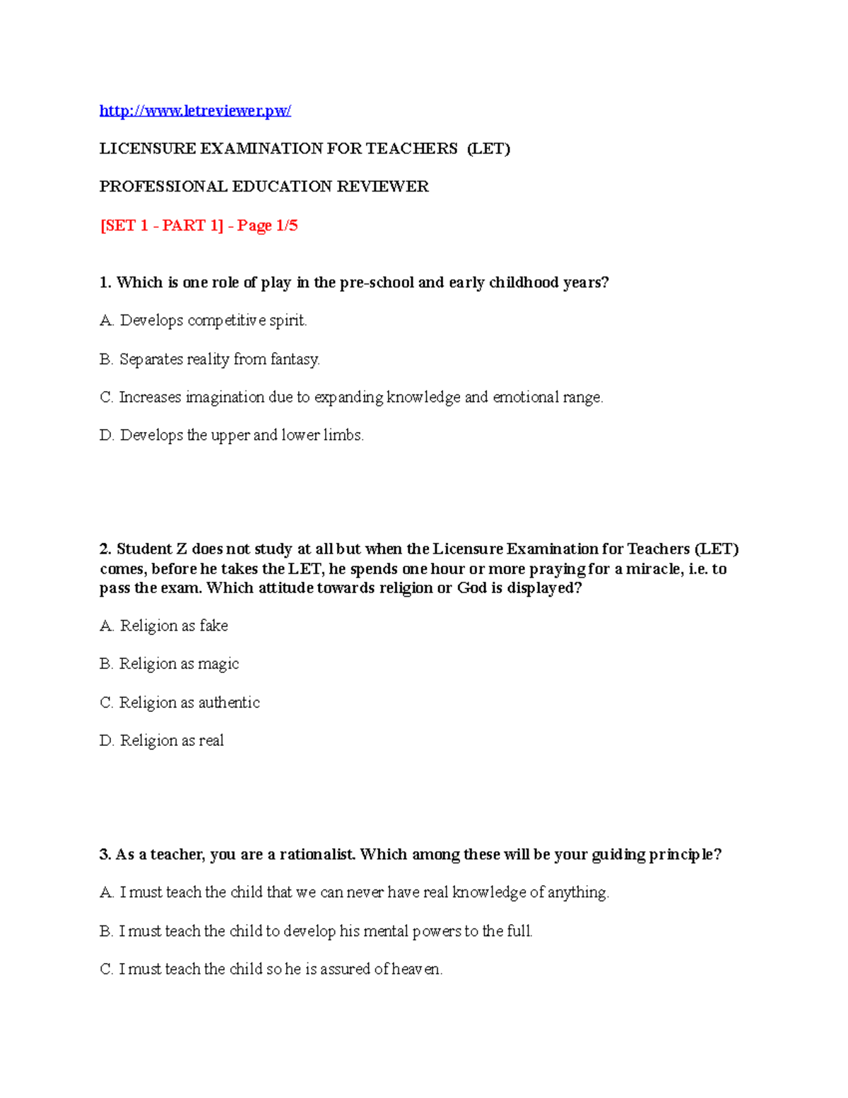 Let Professional Education Set A with answer key - letreviewer ...